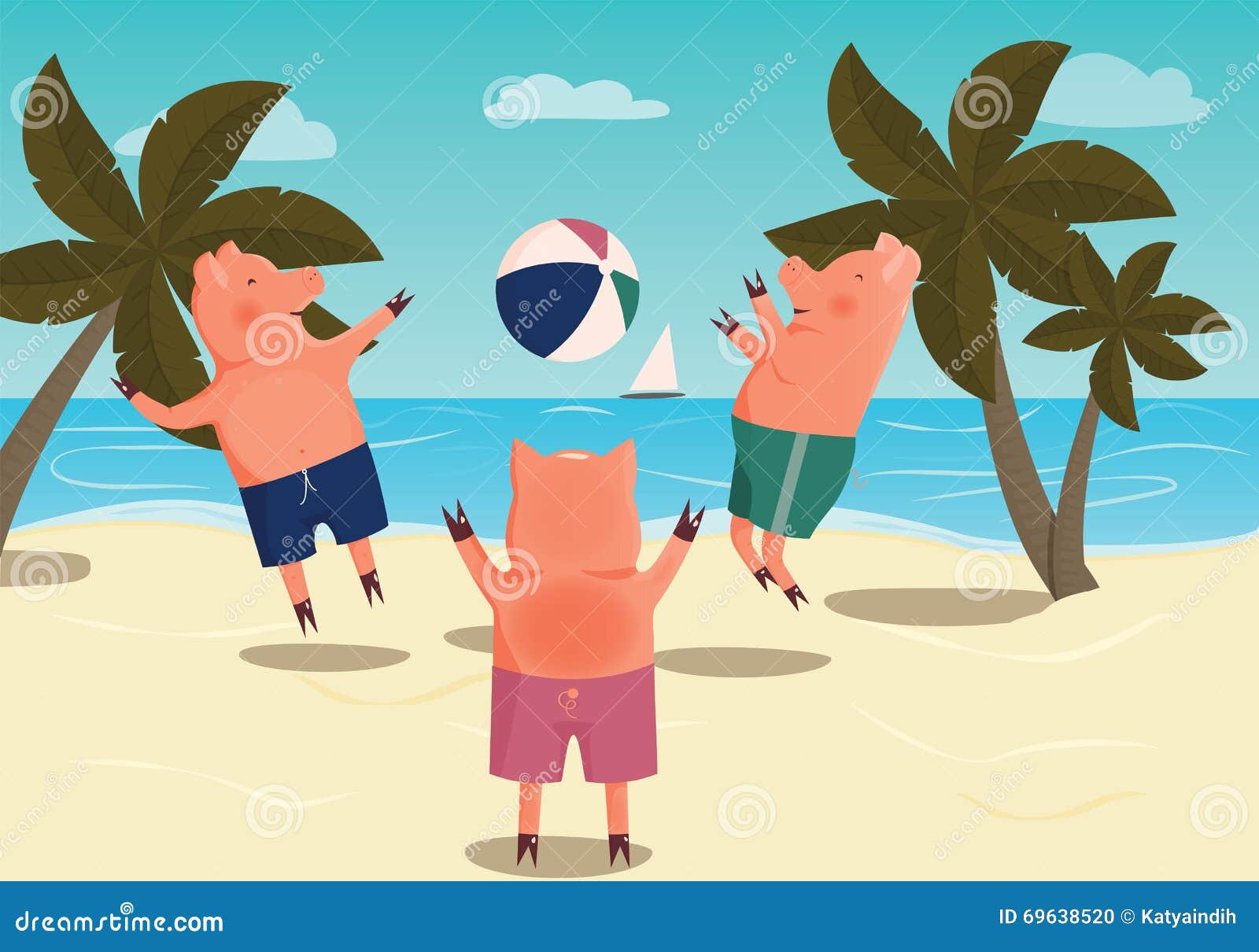 Summer Illustration of Three Pigs Playing Ball. Stock Vector ...