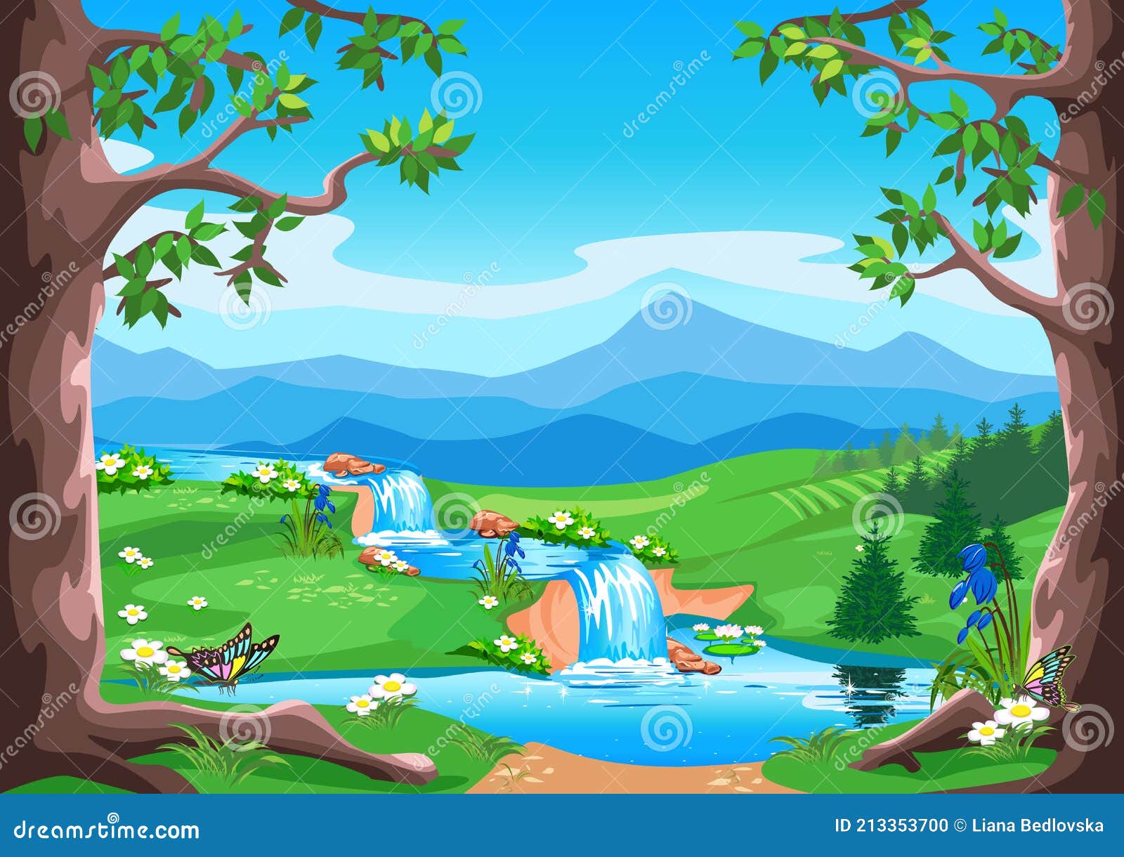 Fairy Tale Summer Landscape with Forest, Waterfall, Valley Stock Vector ...