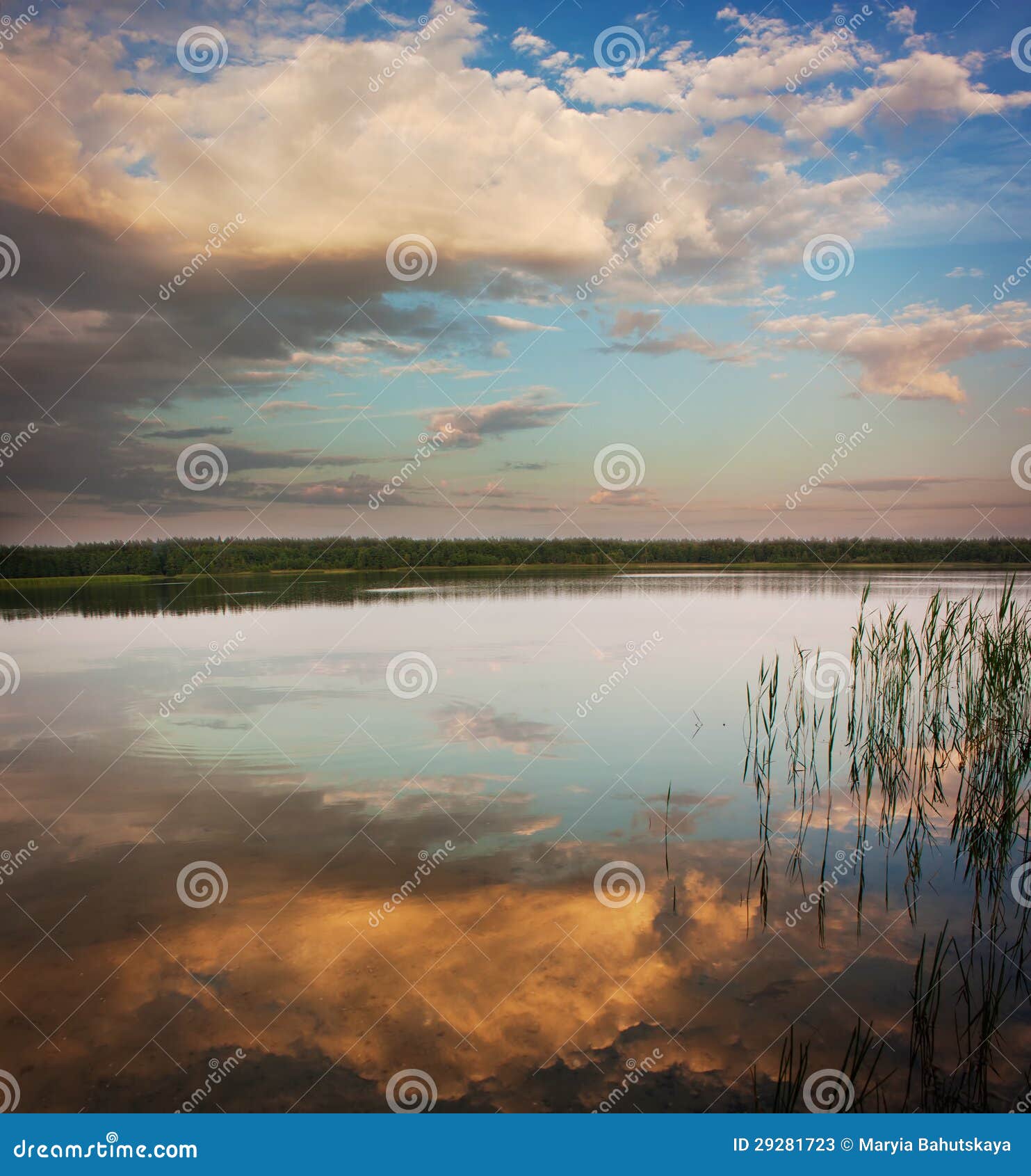 Summer Landscape with Calm Lake at Sunset Stock Image - Image of blue ...