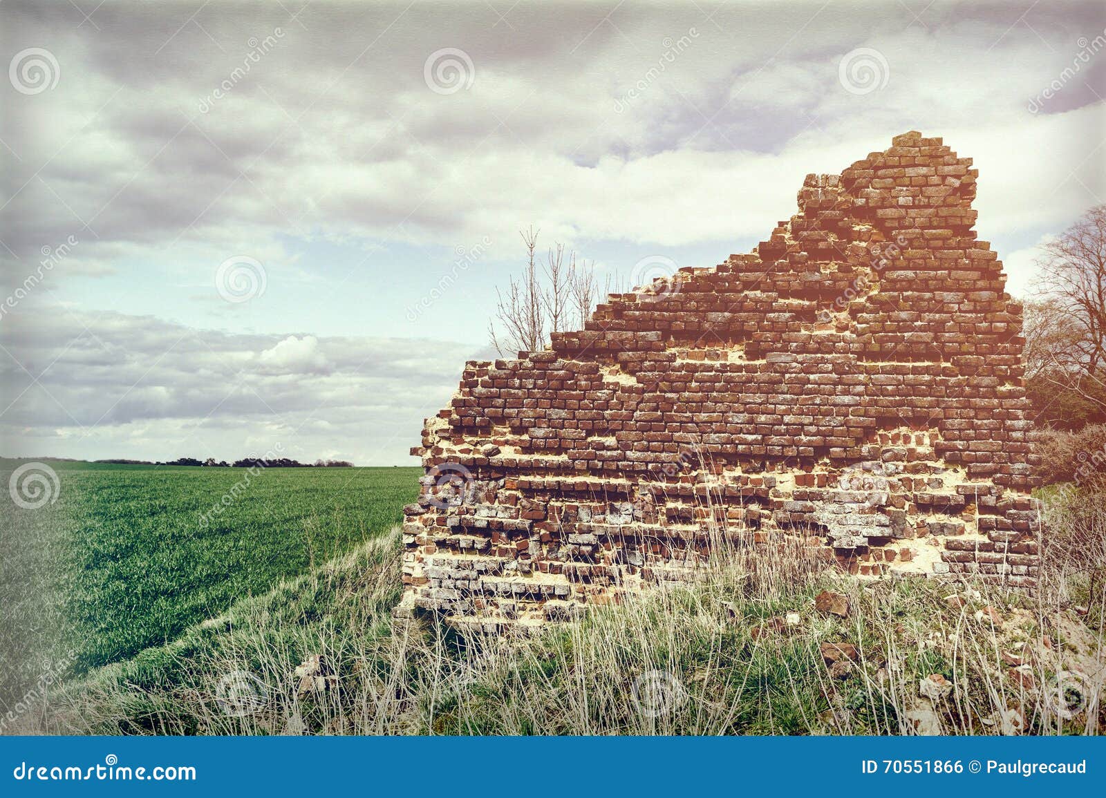 Summer Landscape with Distressed Brick Wall Stock Photo - Image of ...
