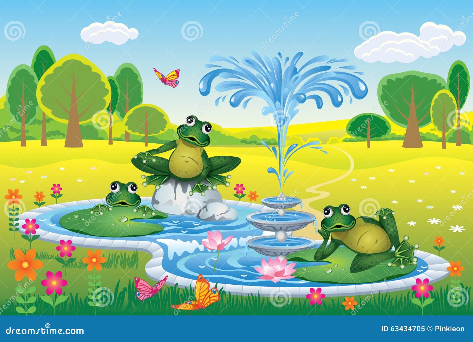 Summer Landscape with a Fountain and Frogs Stock Illustration ...