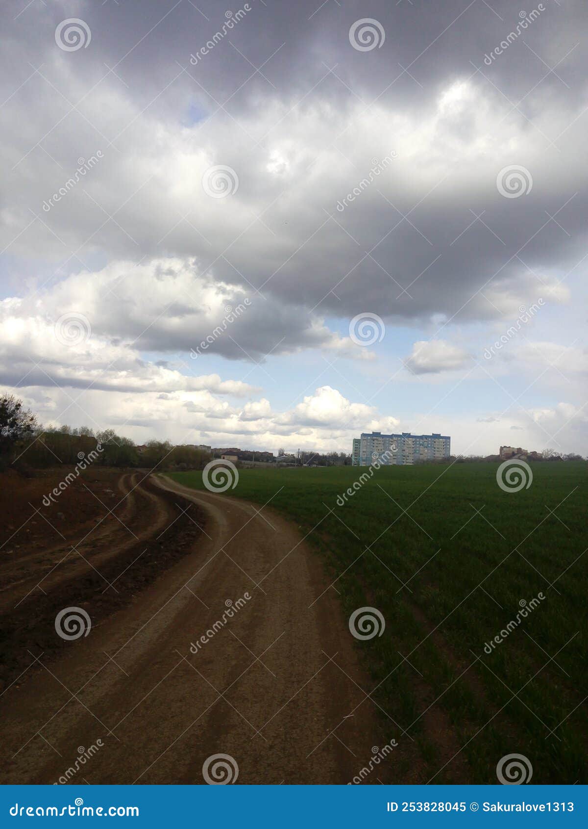 Summer Landscape with Green Grass, Road and Clouds Stock Image - Image ...