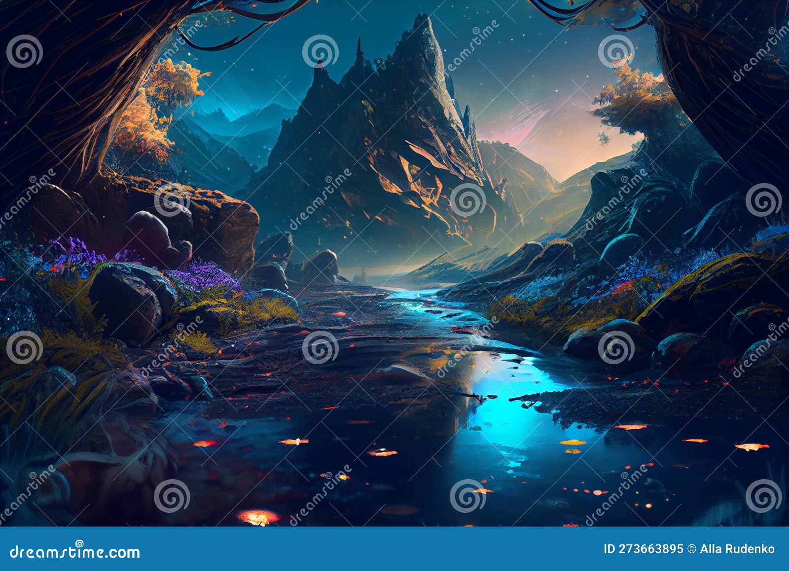 Summer Landscape of Magical World with Mountains and a River AI ...