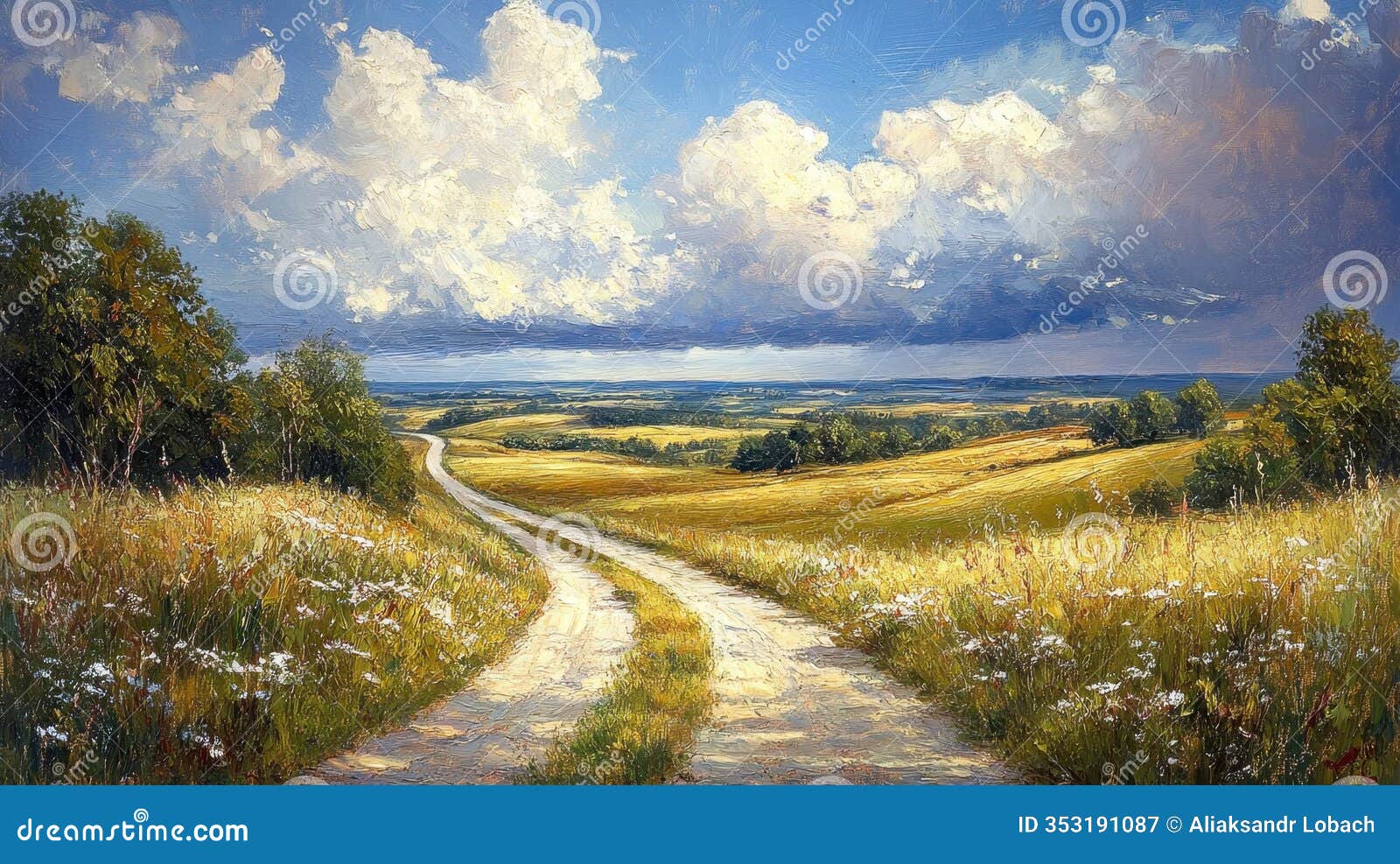 Summer Landscape with Meadow, Road and Clouds. Illustration Stock Image ...