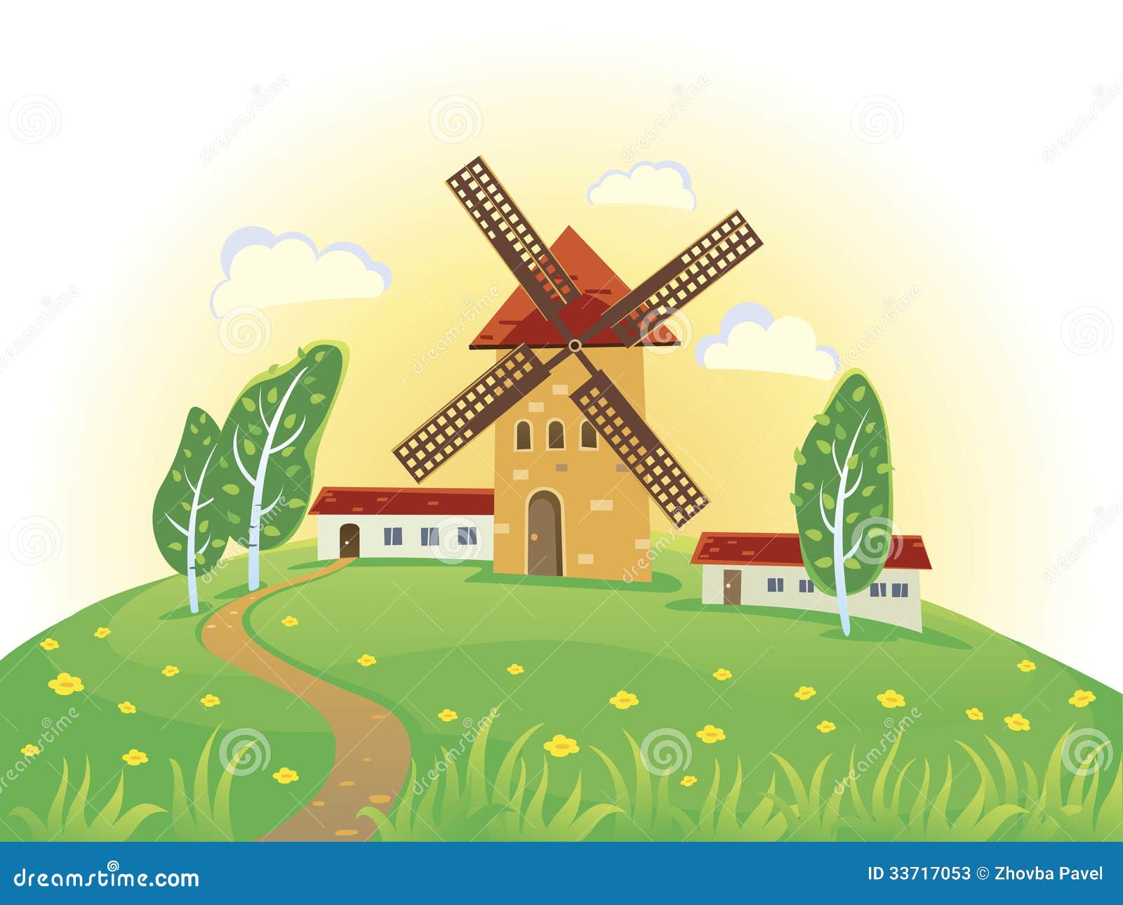 Summer Landscape with a with Mill Stock Vector - Illustration of ...