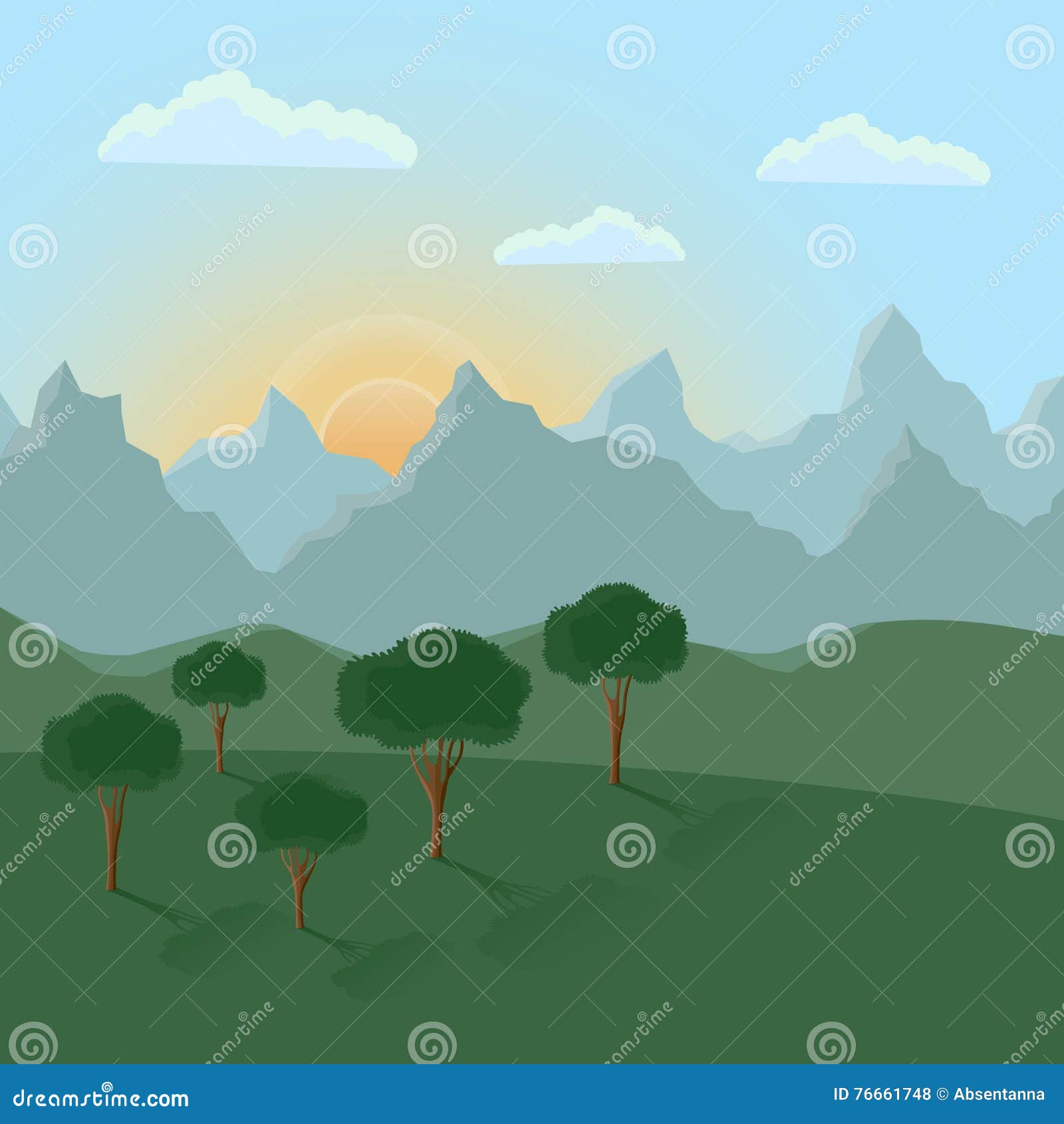 Summer Landscape with Mountains Stock Vector - Illustration of flat ...