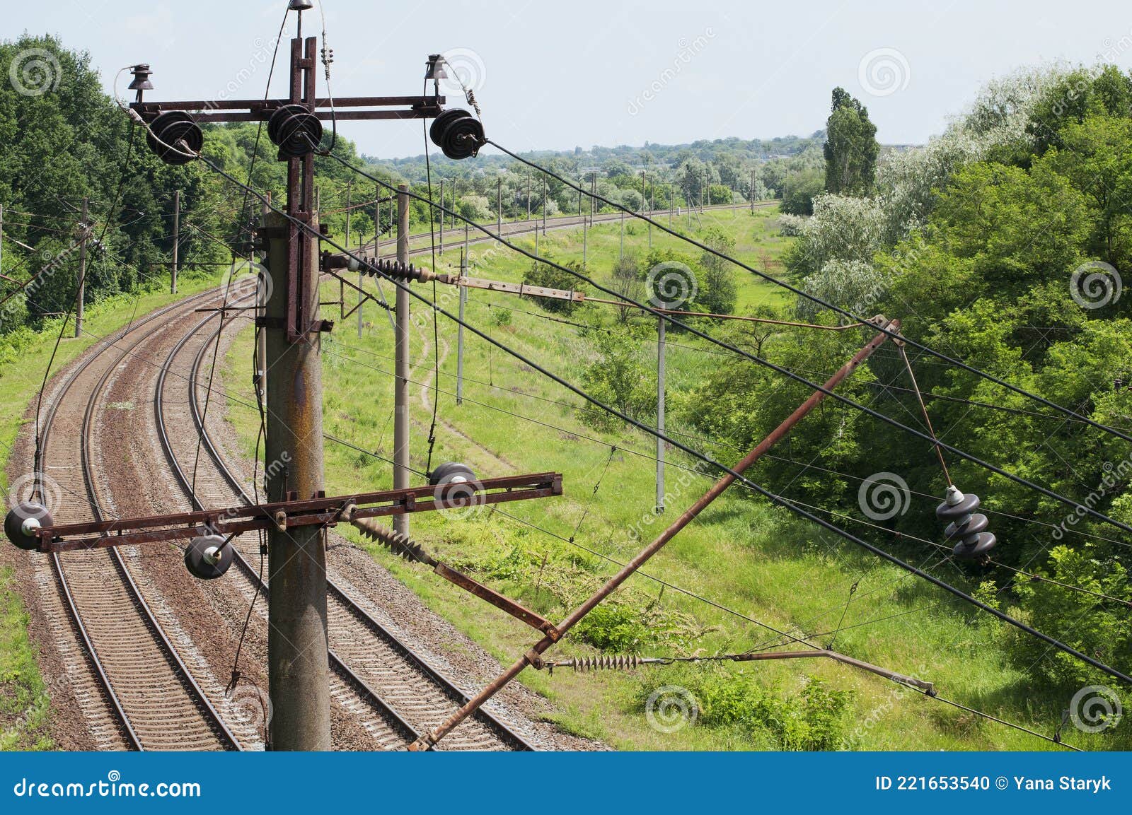 Summer Landscape with Railway and Wires Stock Photo - Image of railway ...