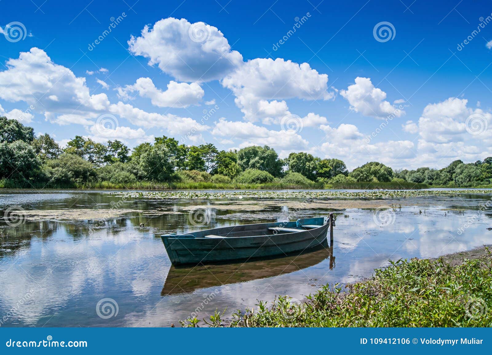 Summer Landscape: a River Reflect White Curly Clouds, on River Stock ...