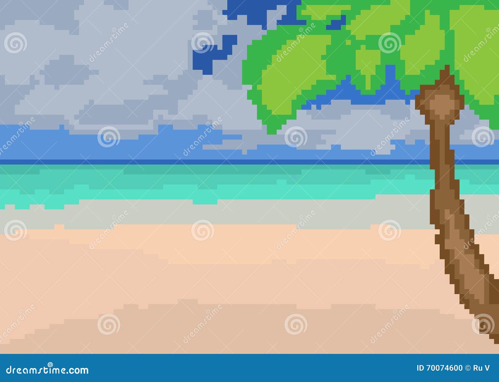 Summer Landscape with the Sea, Palm Trees and Sand in Pixel Style ...