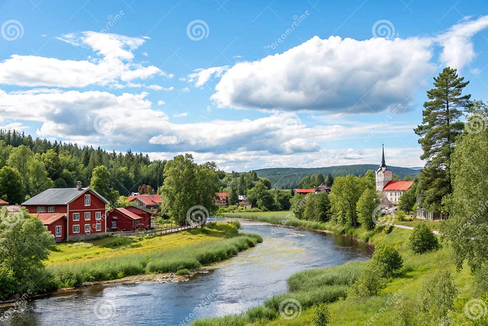Summer Landscape in Sweden with River and Greenery Stock Illustration ...