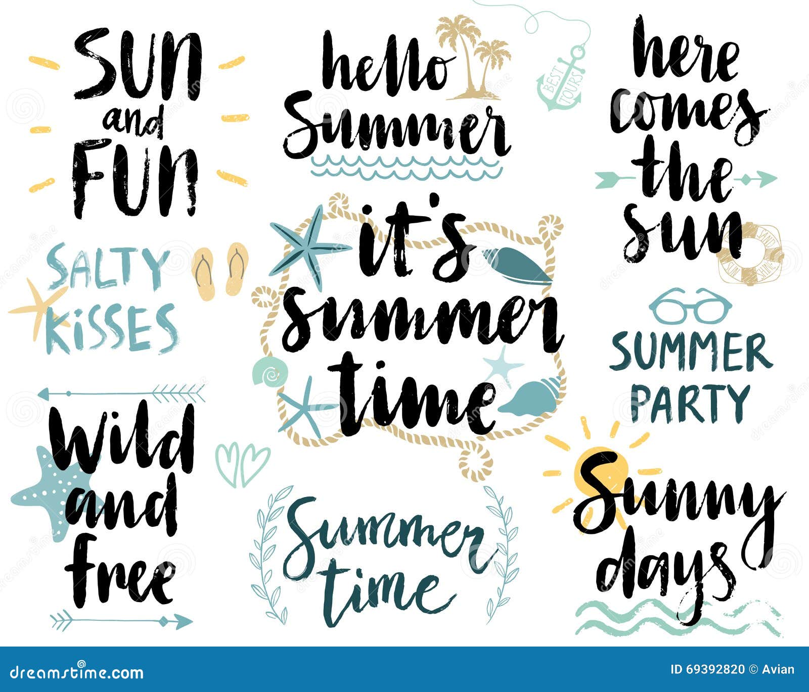 Summer Lettering Design Set - Hand Drawn. Stock Illustration ...