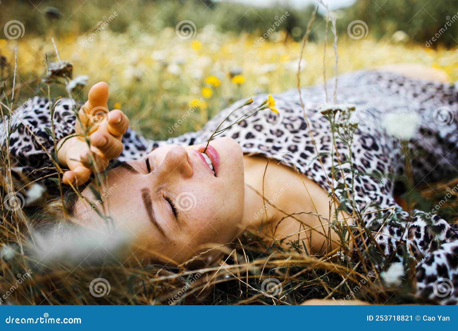 Summer Lifestyle Portrait Middle Aged Woman Lying On The Grass Outdoor