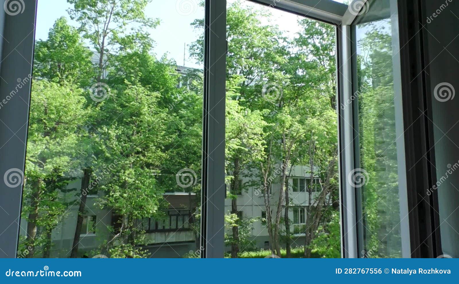 View from an Open Window from a Height on a Green Landscape Courtyard ...