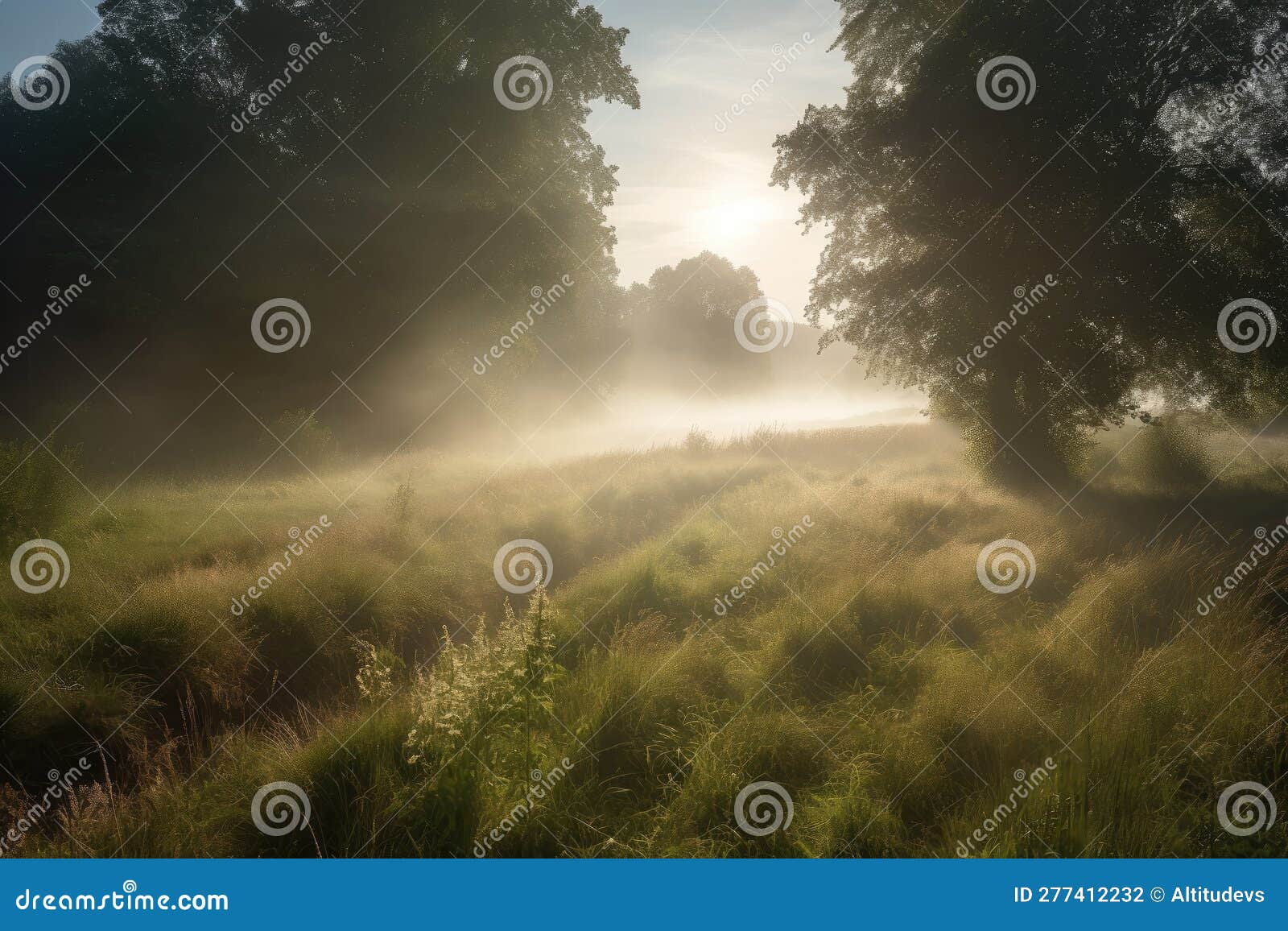 Summer Morning, with Mist Rising from the Meadows and Sunlight Breaking ...