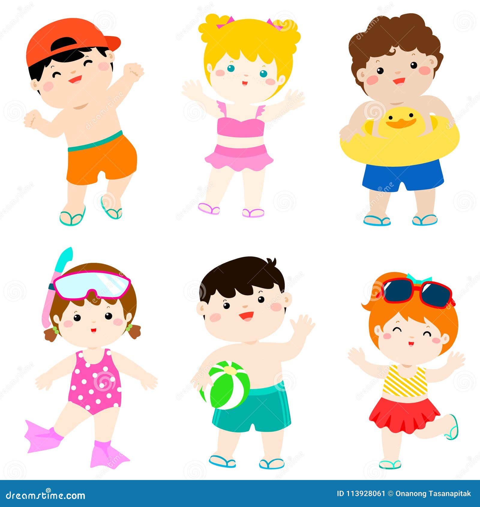 Summer Multicultural Cute Kids In Swimsuit Cartoon Vector ...