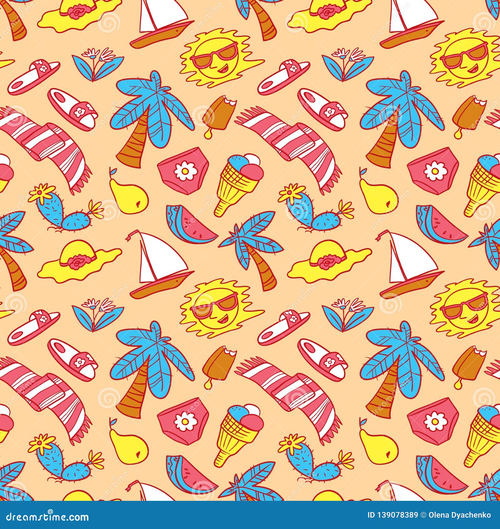 Summer Objects Seamless Pattern. Beach Background with Palms and Fruits ...