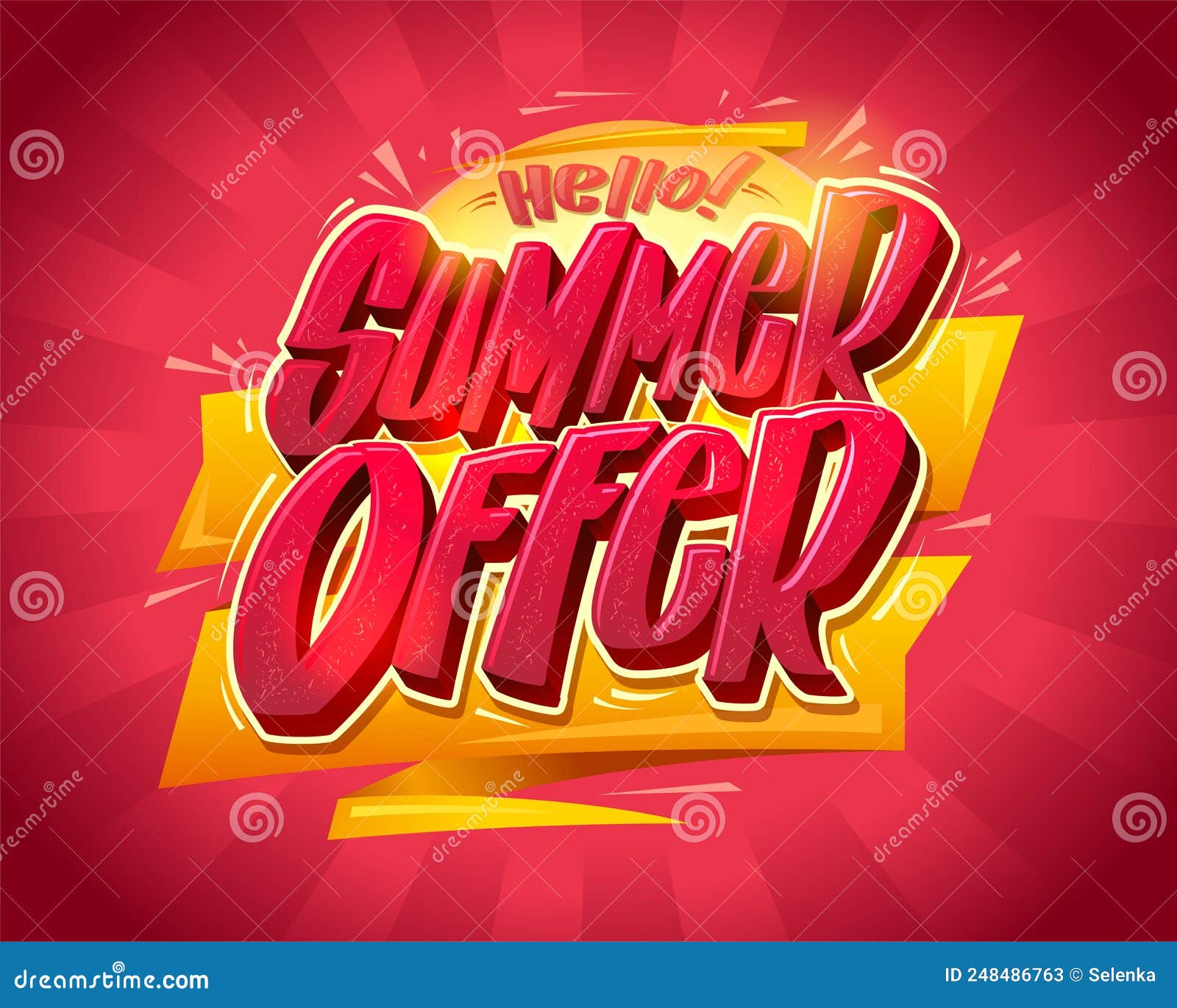 Summer Offer Vector Banner Template with Hand Drawn Lettering, Hello ...