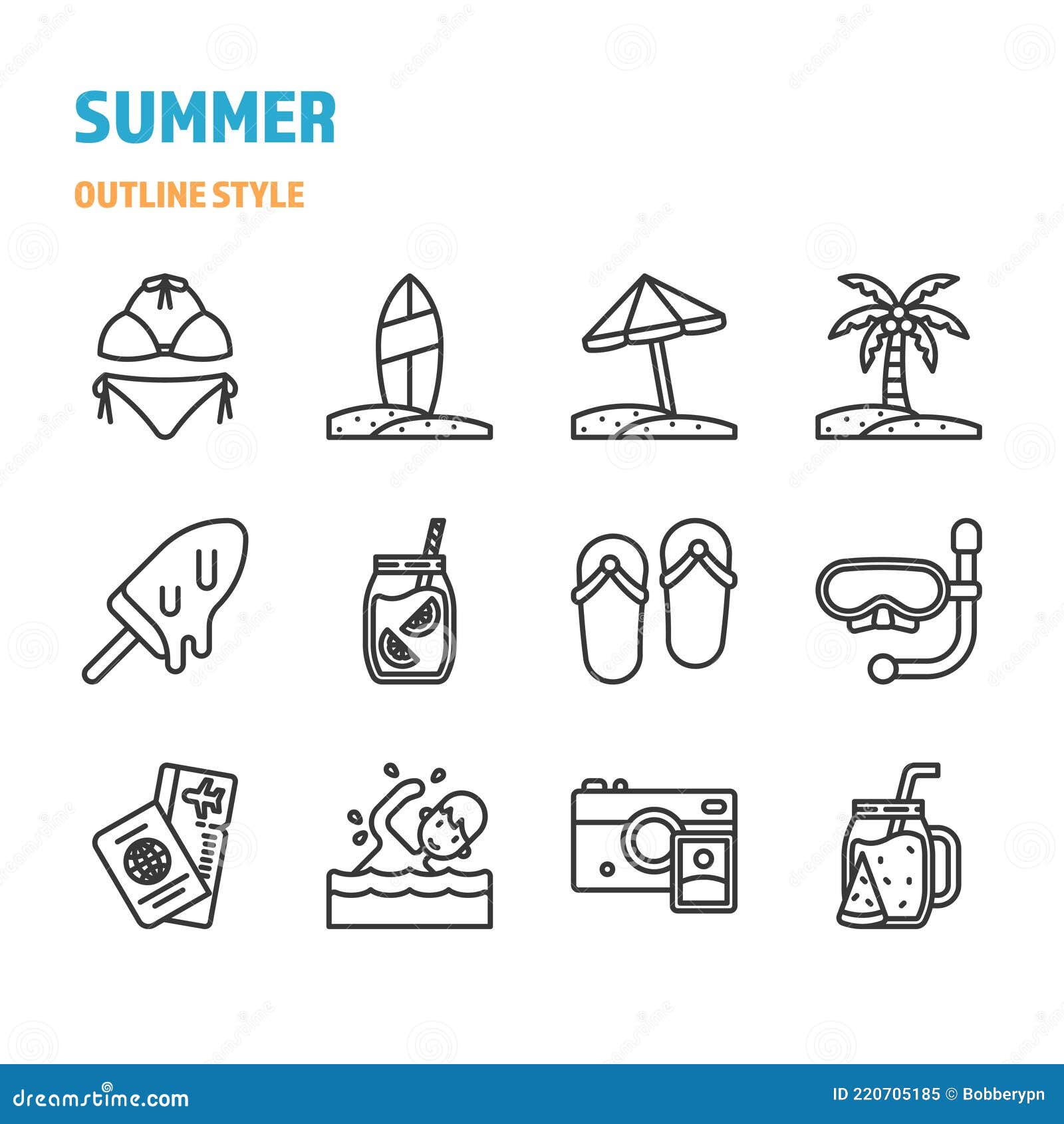 Summer in Outline Icon and Symbol Set Stock Vector - Illustration of ...