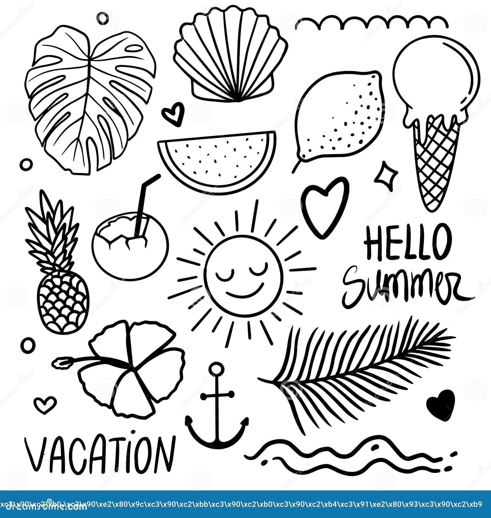 Summer Outline Theme. Vector Isolated Illustration in Hand Drawn Style ...