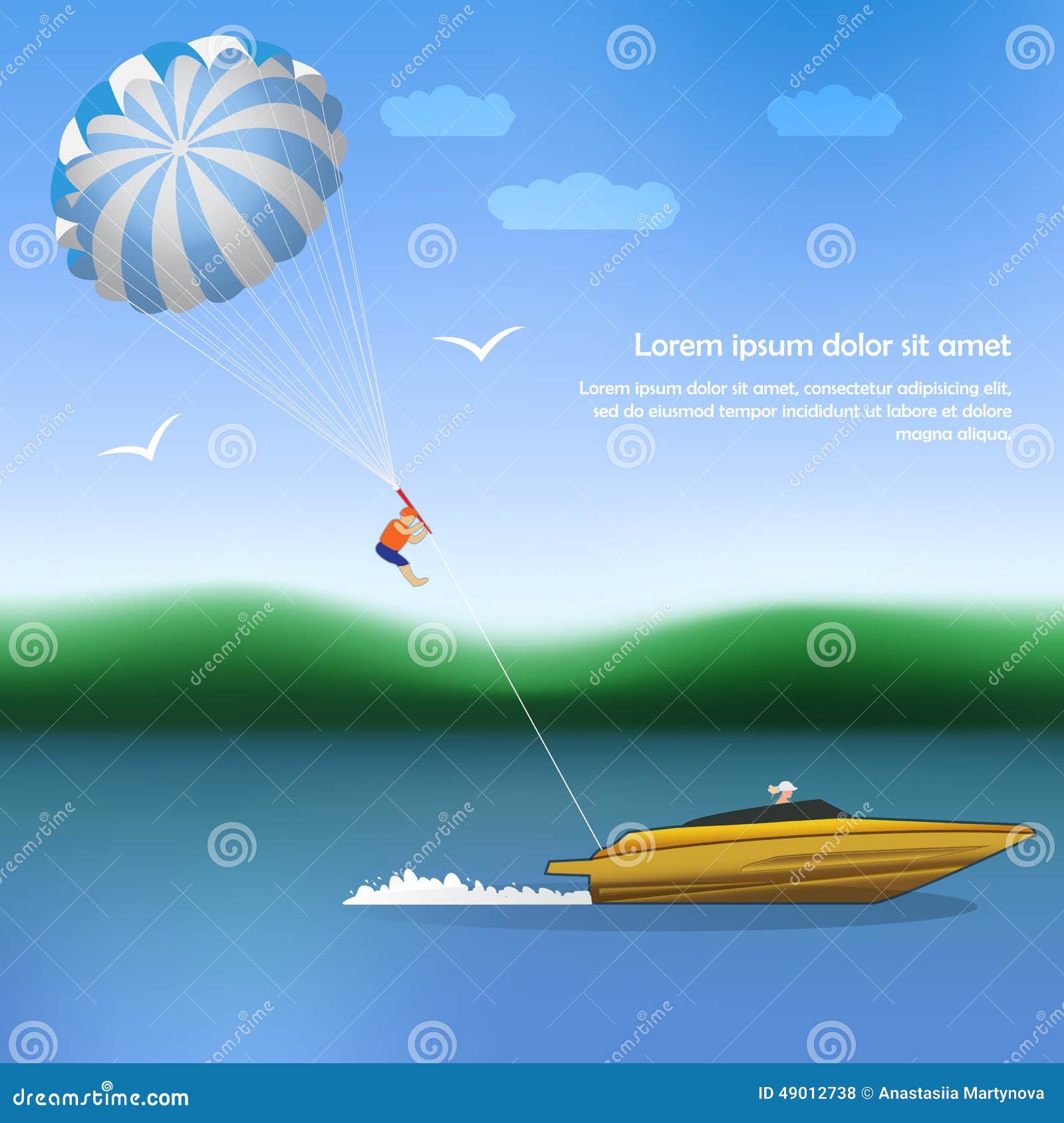 Summer Parachuting Over River with Boat. Stock Vector - Illustration of ...