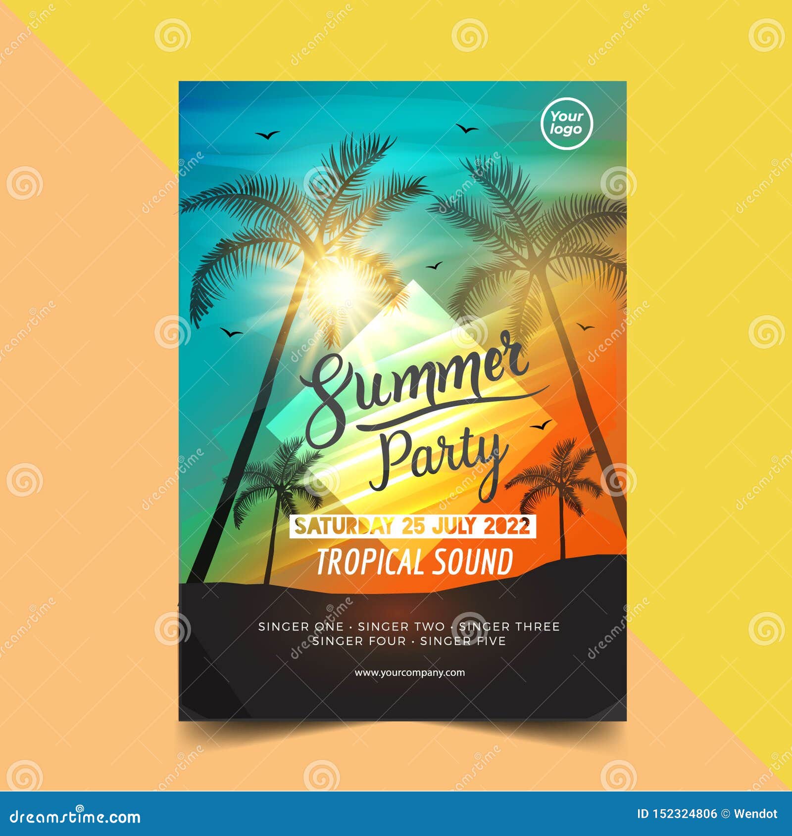 Summer Time Party Poster Design Template with Palms Trees Silhouettes ...