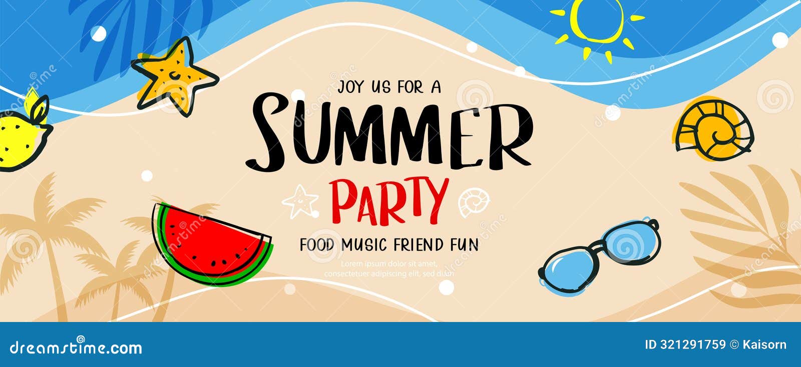 Summer Party Banner Poster with Doodle Element on Beach Background ...