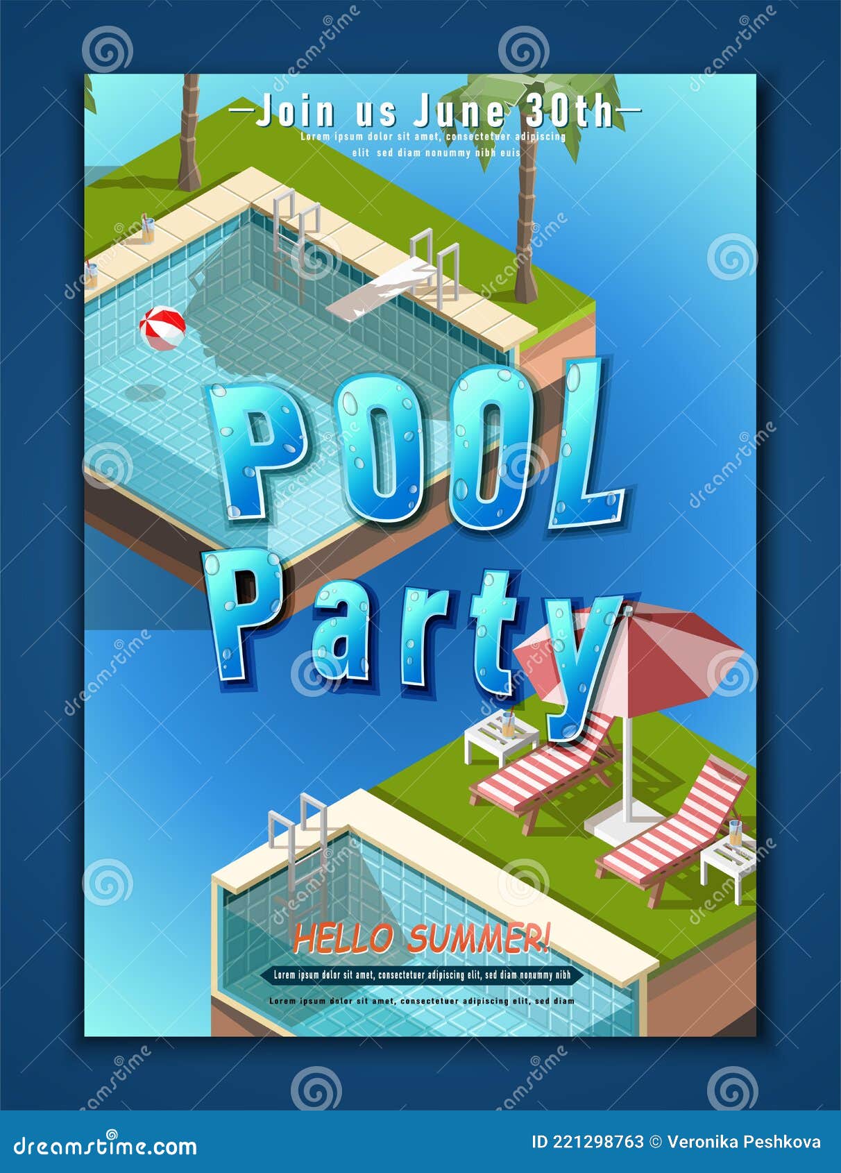 Summer Party Banner Template. Pool Party with Isometric Pools Stock ...