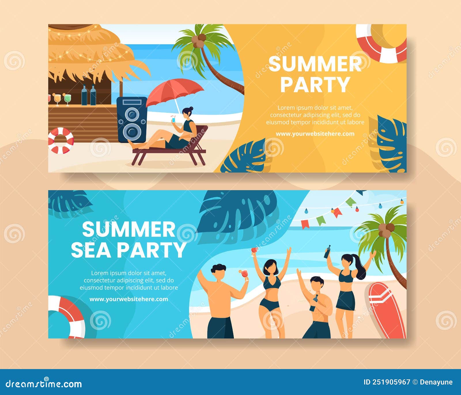 Summer Party Horizontal Banner Template Flat Cartoon Background Vector ...