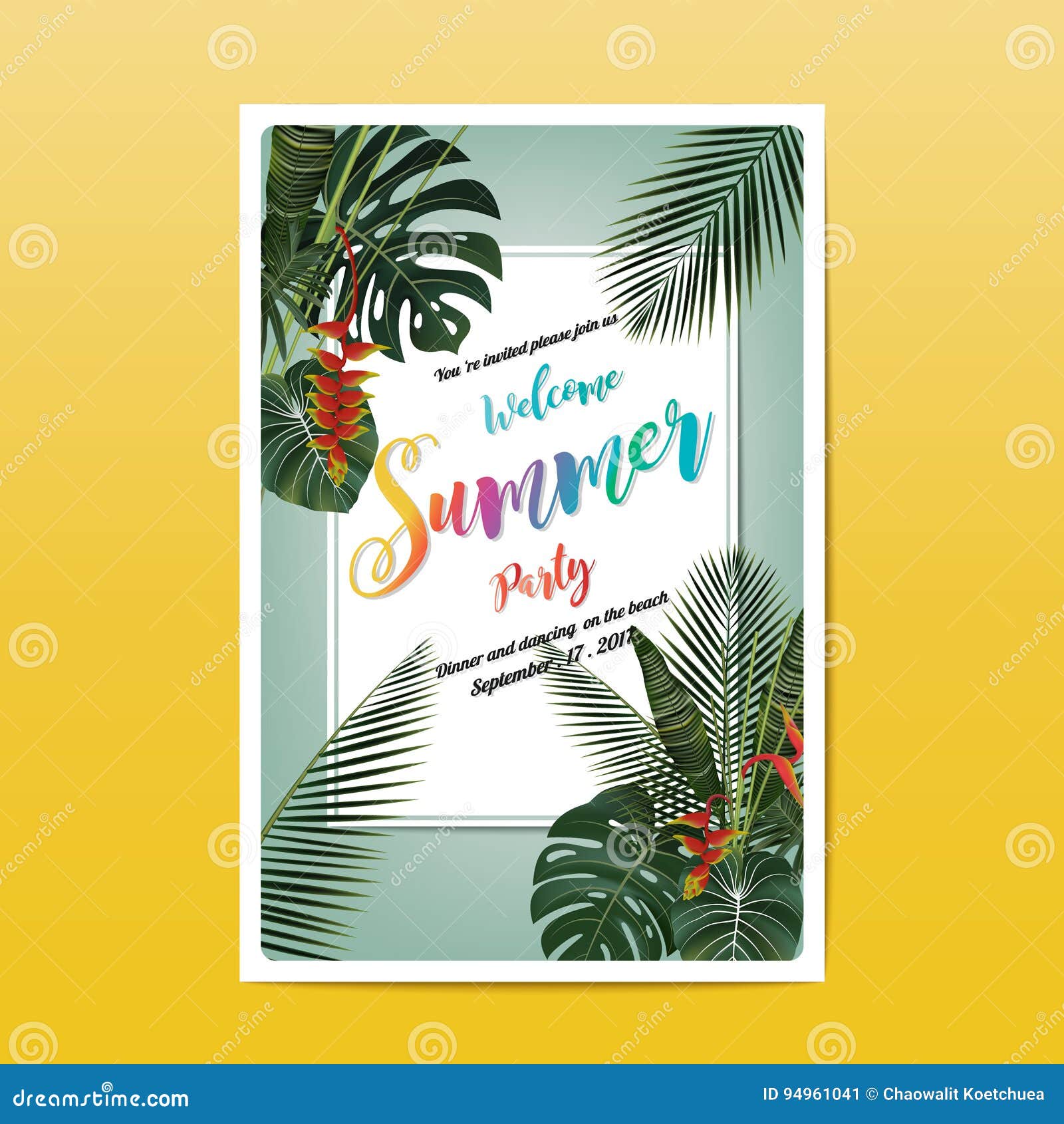 Summer Party Invitation Card Design. Writing and a Tropical Leaf Stock ...