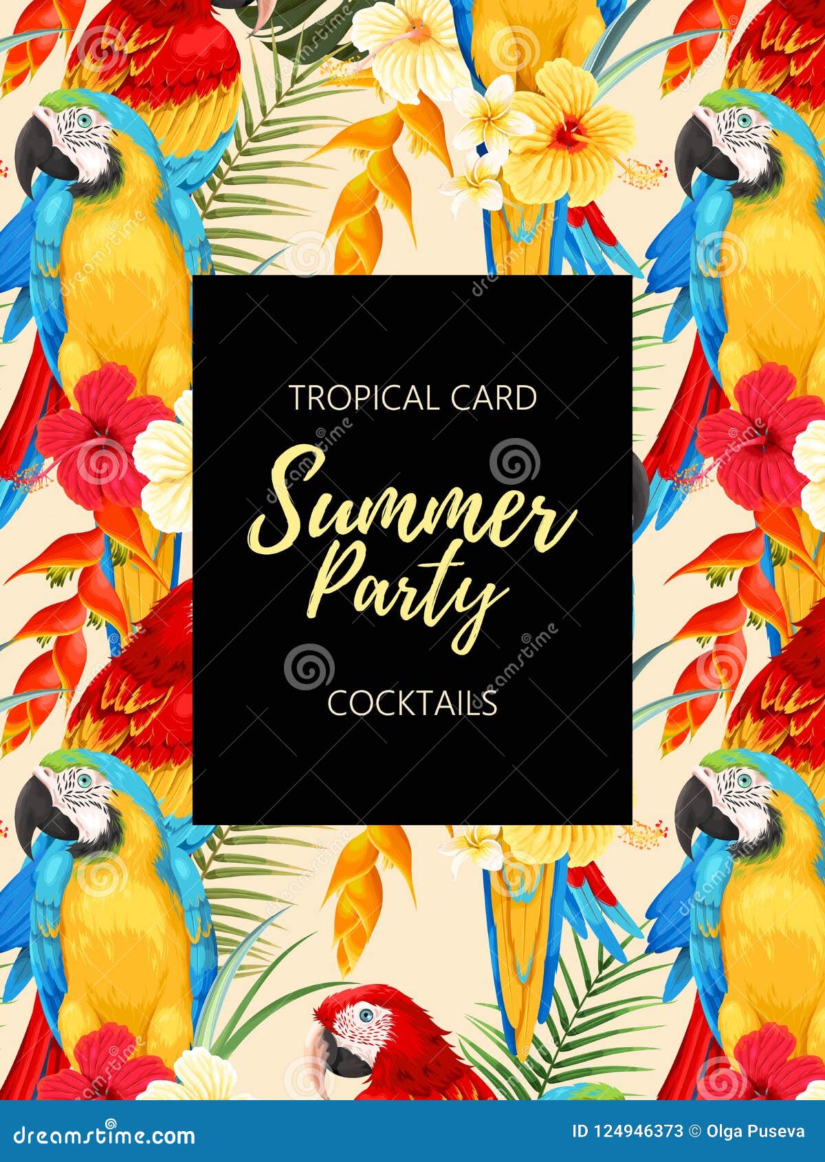 Summer Party Invitation with Macaw and Flowers Stock Vector ...