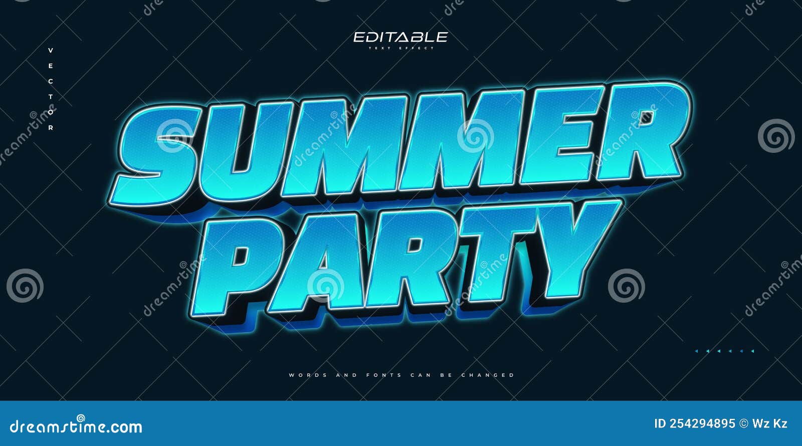 Summer Party Text in Bold Blue Style with 3D and Neon Effect. Editable ...