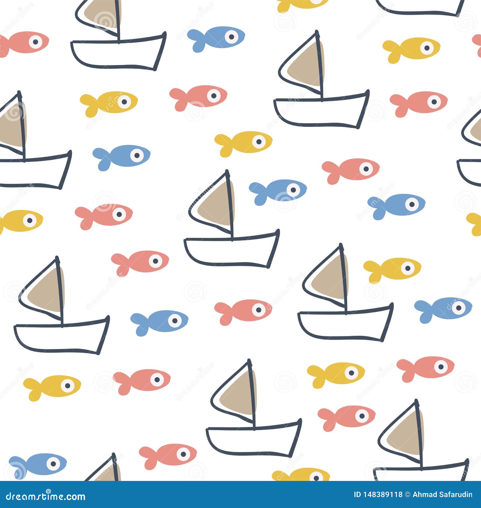 Summer Pattern with Scandinavian Drawing of Ship and Fish Stock Vector ...