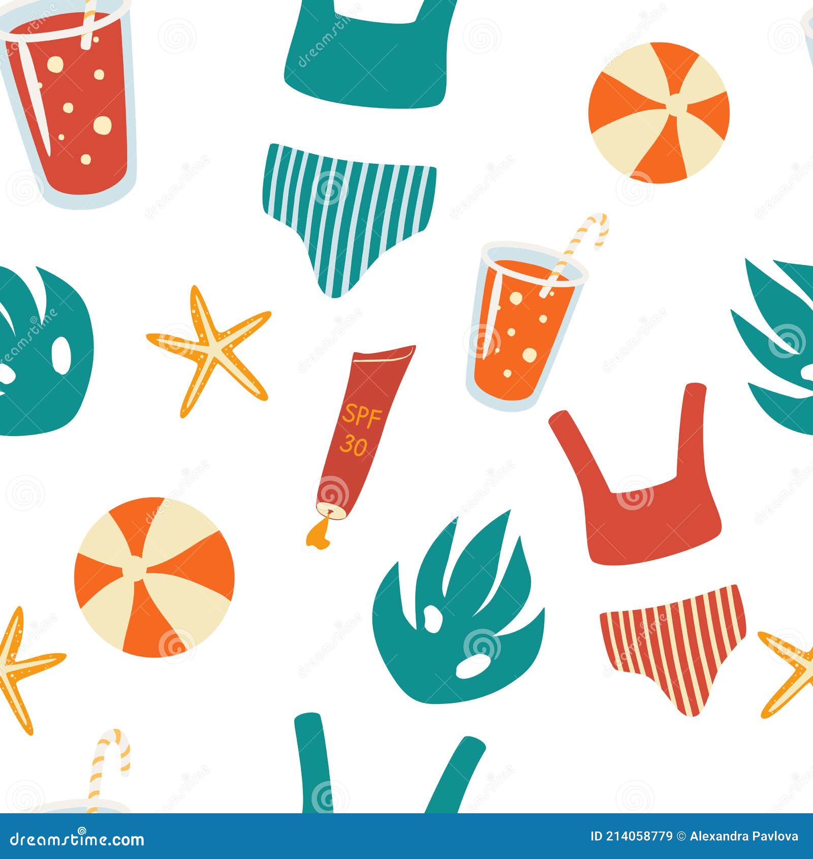 Vector Seamless Pattern With Summer Items. Vector Beach Elements: Swimsuit, Cocktail With A ...