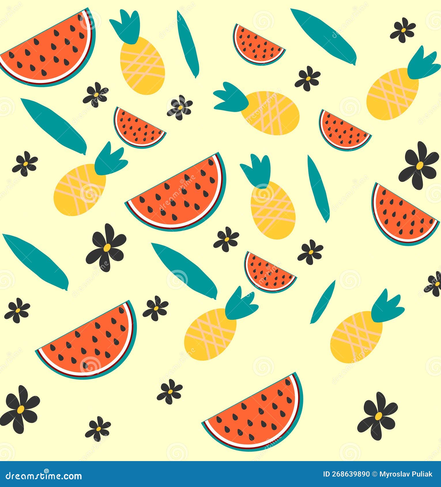 Summer Pattern: Watermelons, Flowers, Leaves, an Pineapples at Light ...