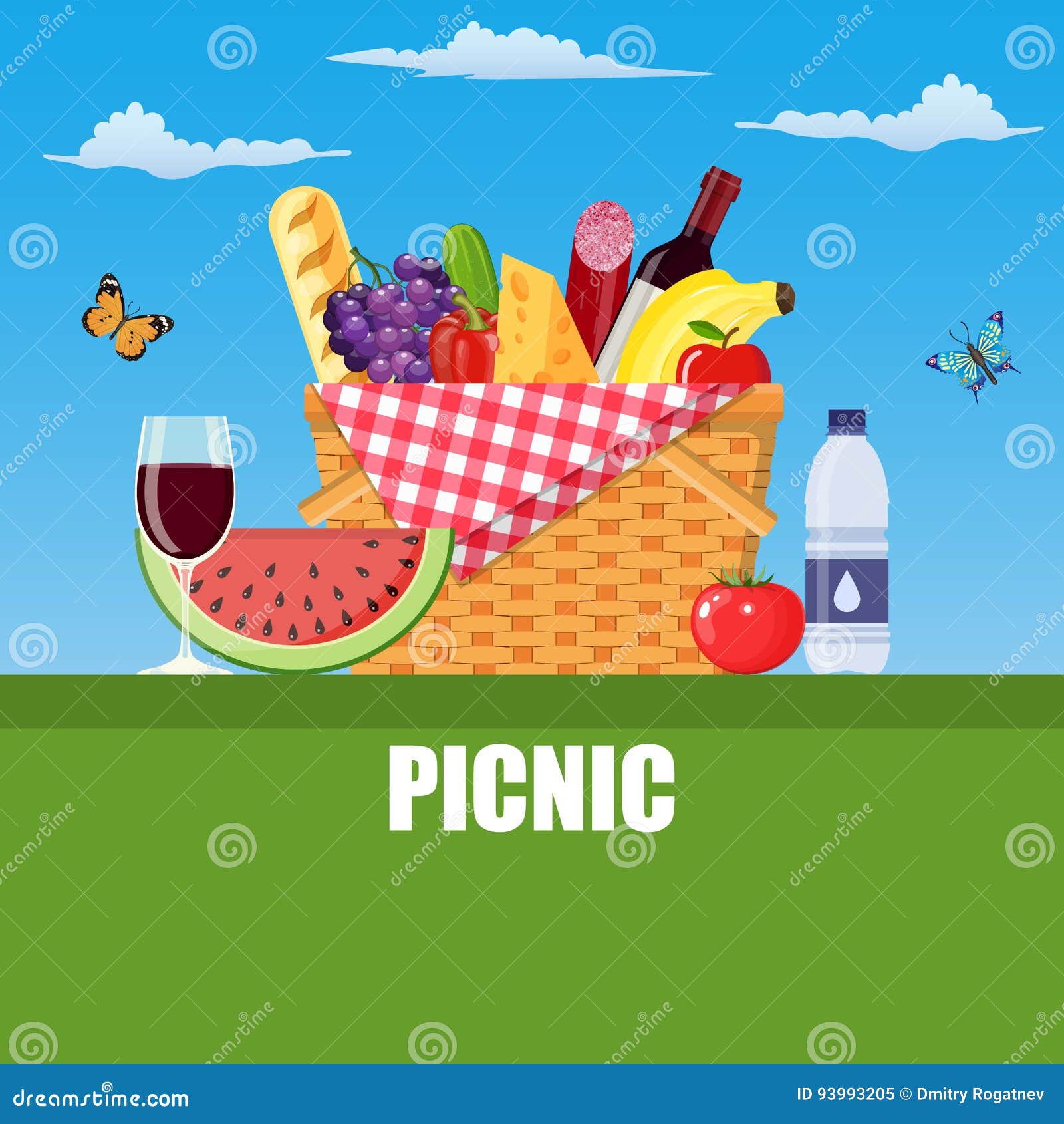 Summer Picnic Concept with Basket, Stock Vector - Illustration of ...