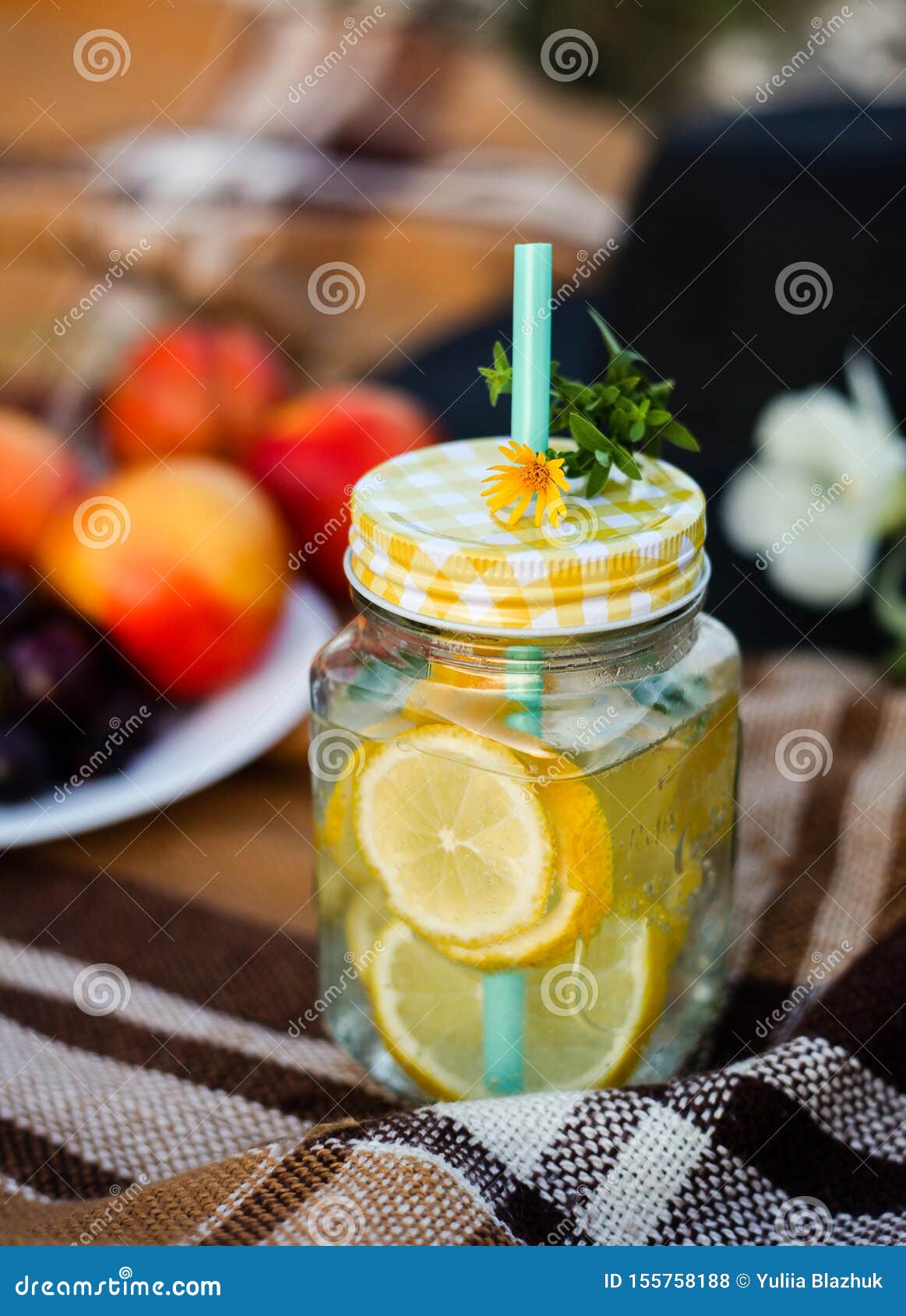 Summer Picnic Outdoors, Summer Drink Jar with Lemonade, Plaid in the ...