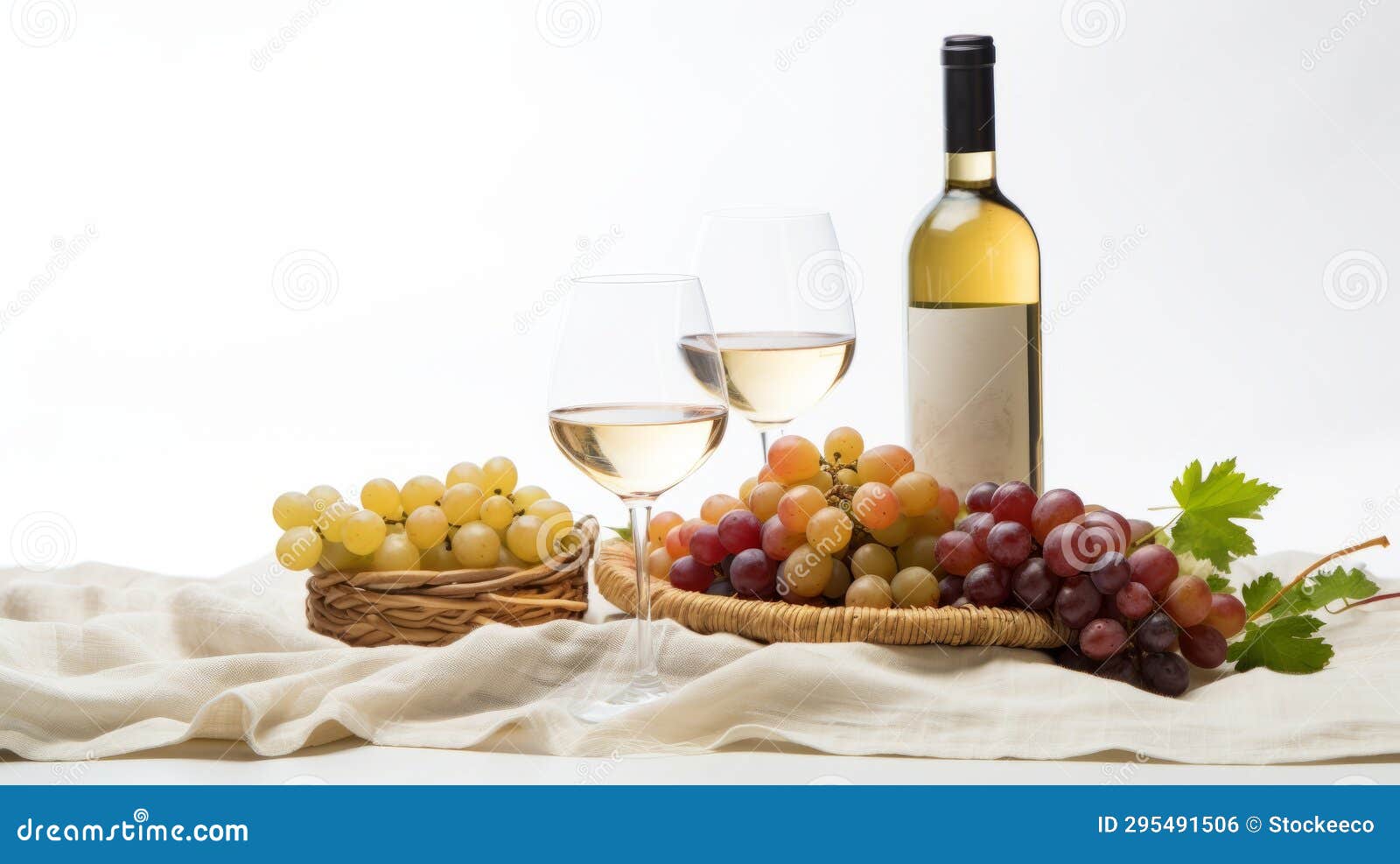 Summer Picnic Refreshing White Wine and Grapes on a White Cloth Stock ...