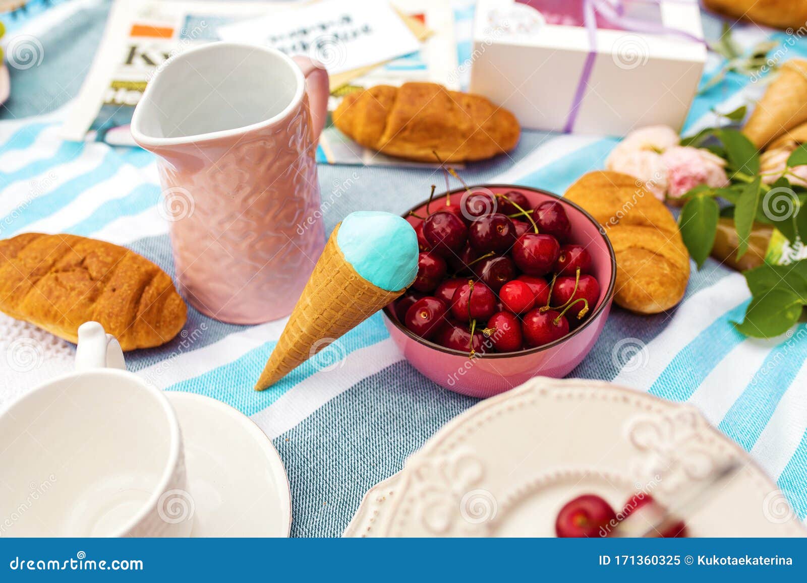 Summer Picnic with Ripe Cherries and Ice Cream Stock Image - Image of ...