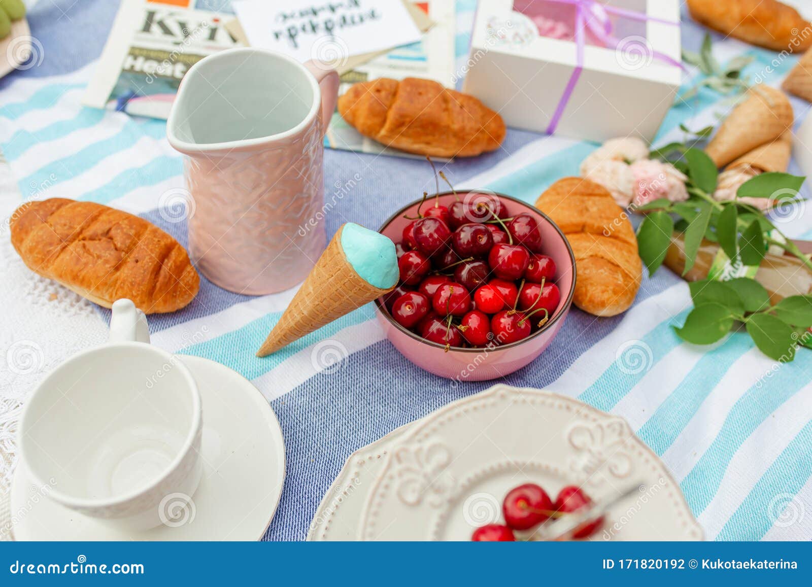 Summer Picnic with Ripe Cherries and Ice Cream Stock Photo - Image of ...