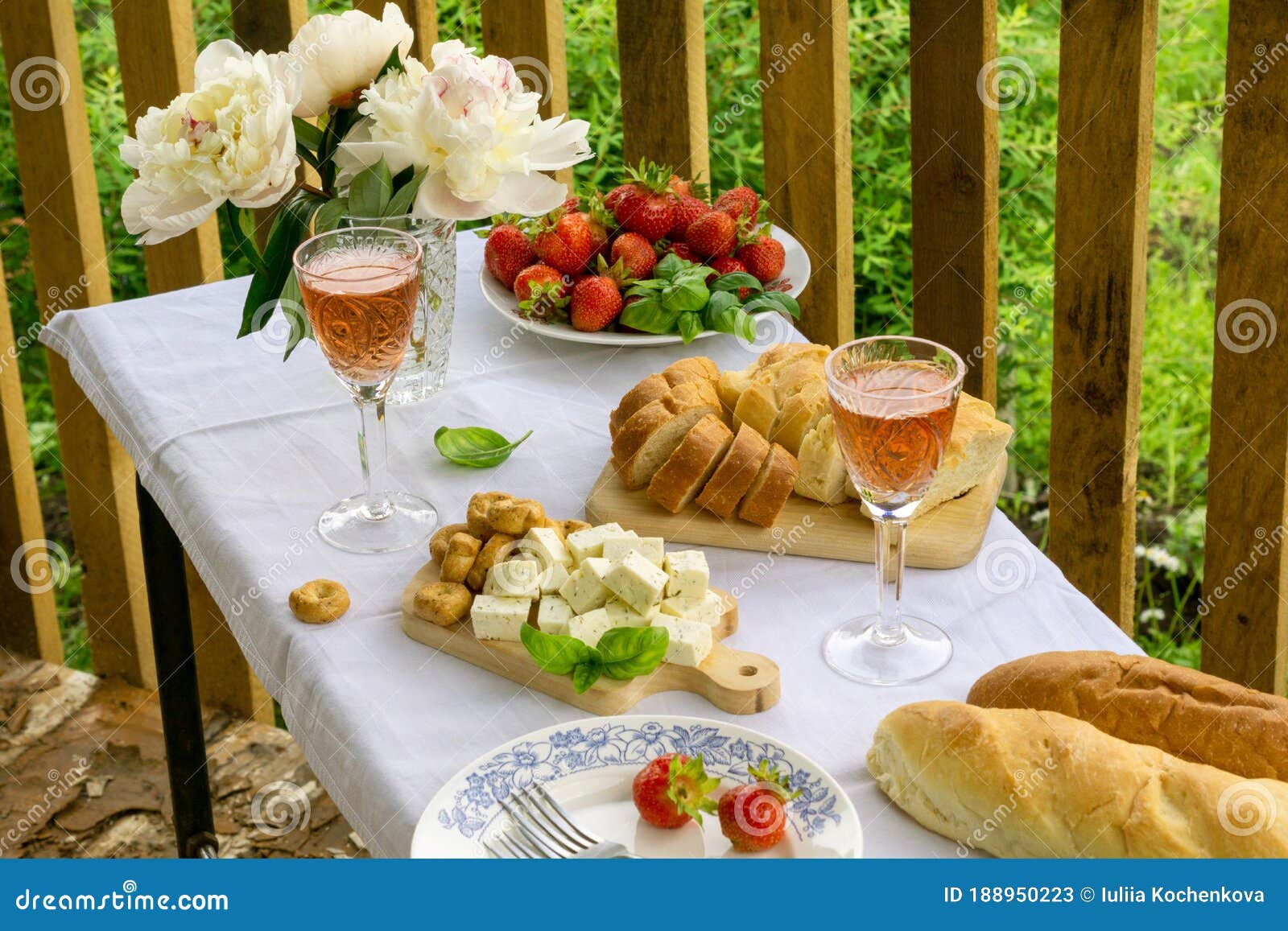 Summer Picnic Table with Various Snacks and Rose Wine Stock Image ...