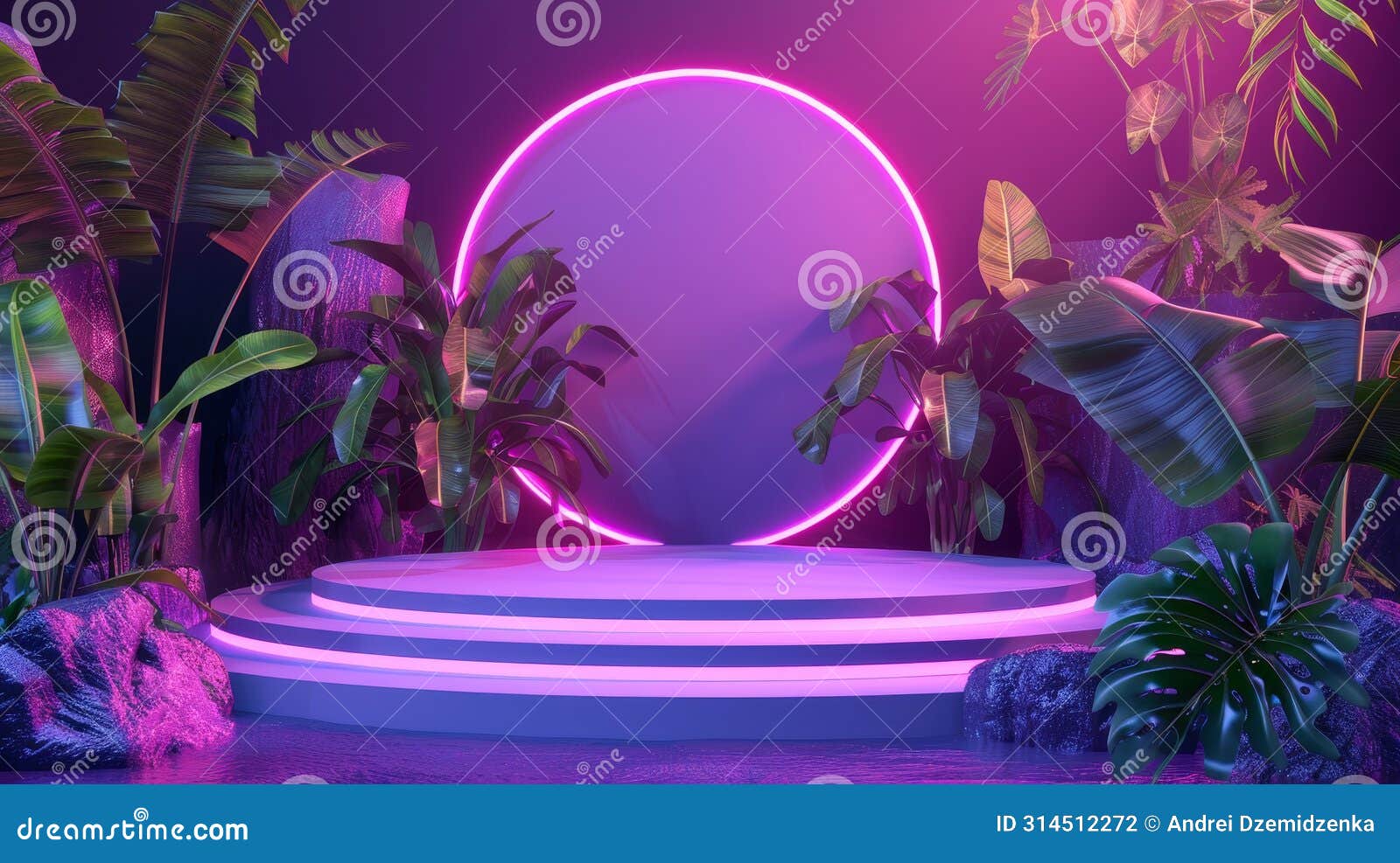 A Summer Podium Backdrop Featuring Tropical Leaves And Neon Lights. A ...