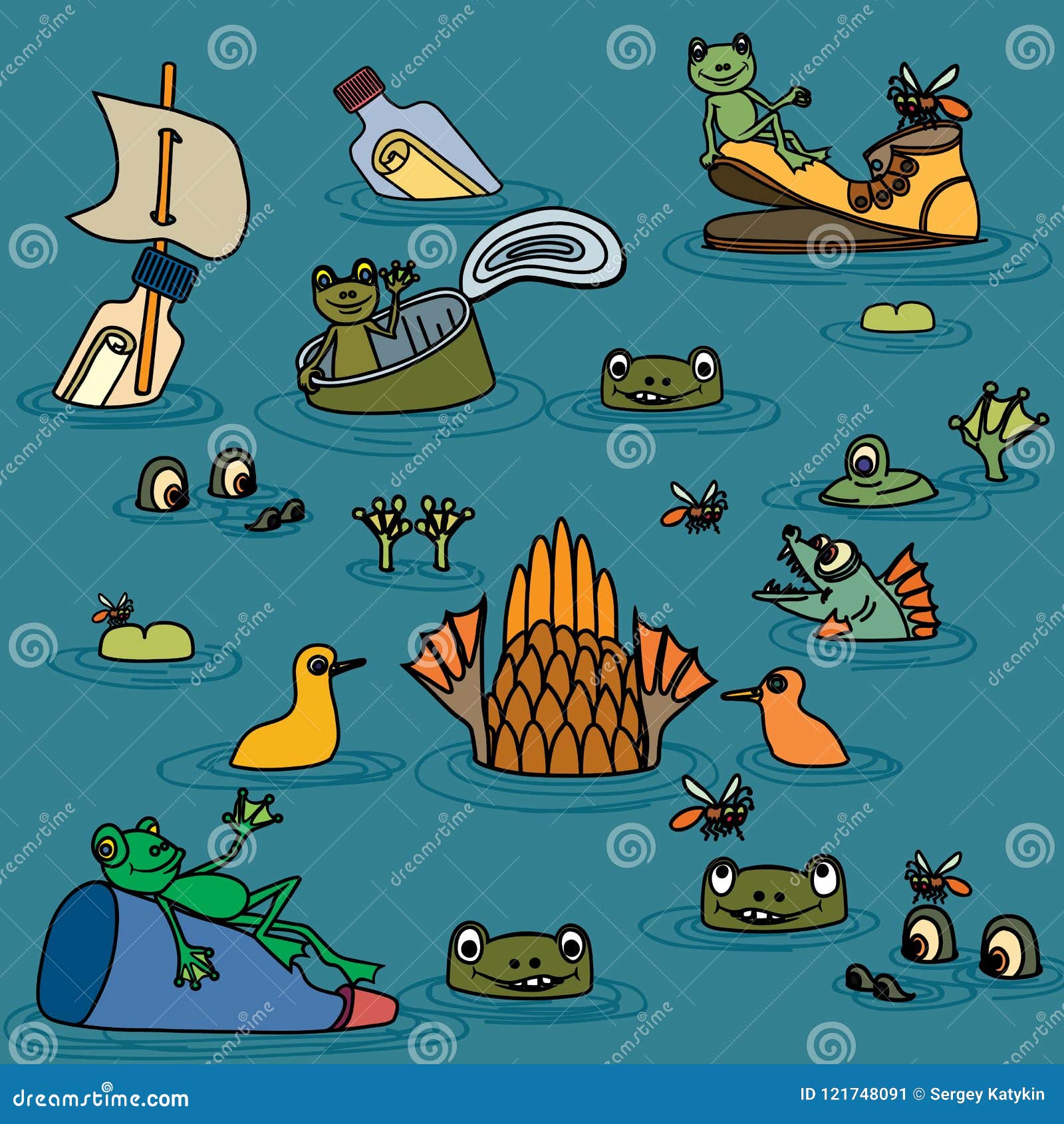 Summer Pond with Frogs, Fish and Flowers. Stock Vector - Illustration ...