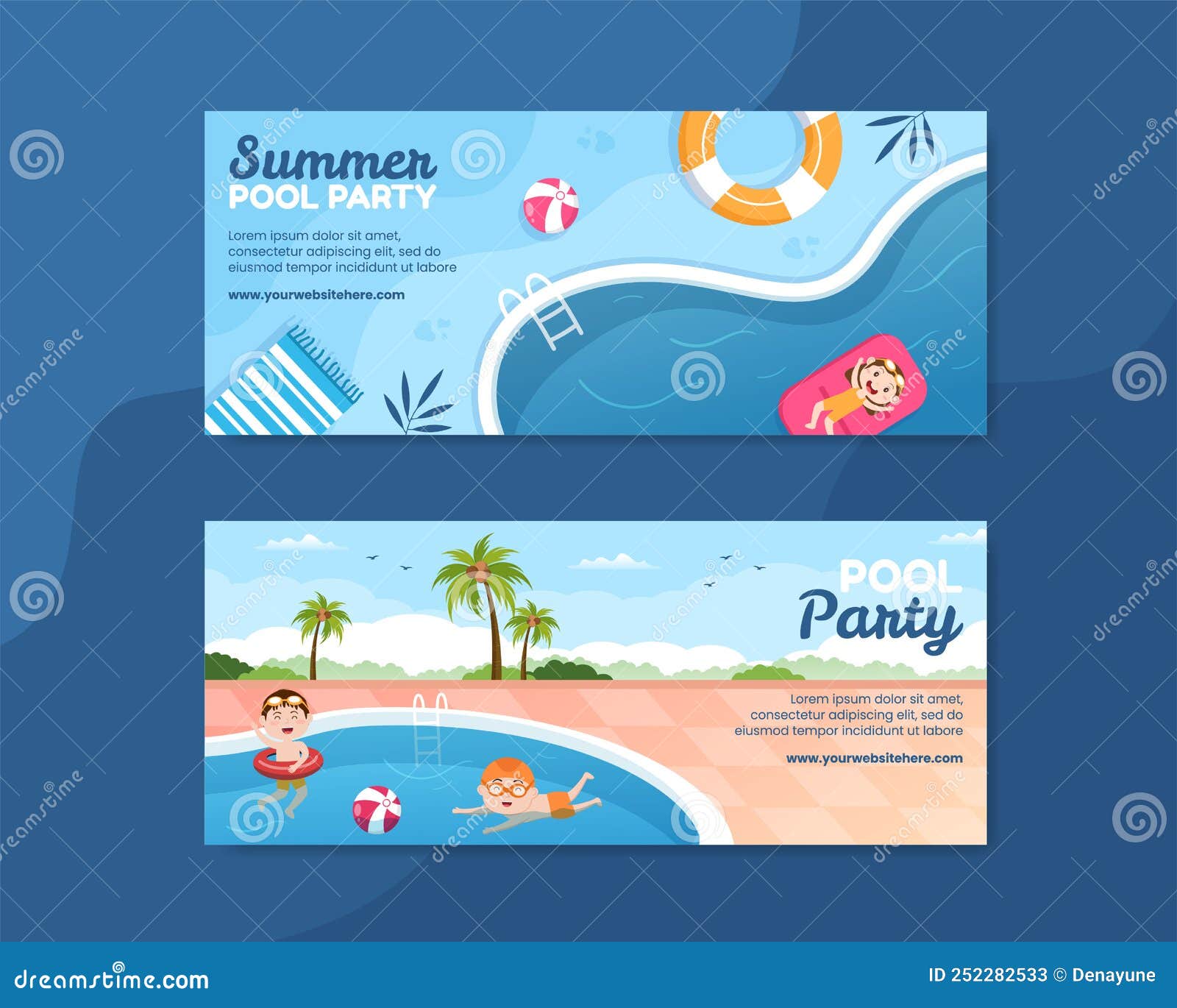 Summer Pool Party Horizontal Banner Template Cartoon Background Vector ...