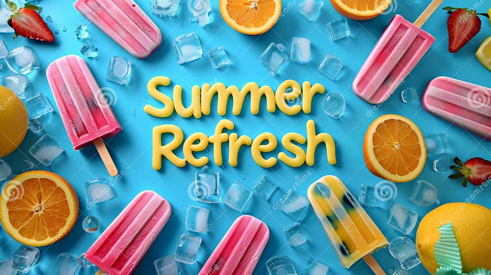 Summer Popsicles, Ice Cubes, and Oranges on a Blue Background, with the Words "Summer Refresh ...