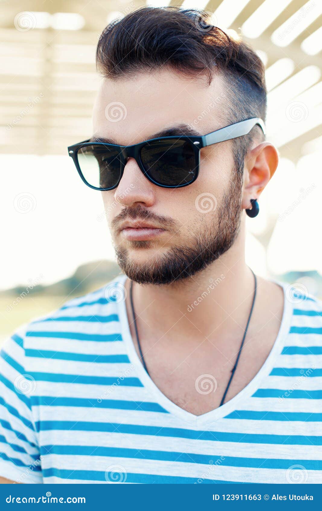 Summer Portrait Of Handsome Hipster Man In Sunglasses With Stock Image