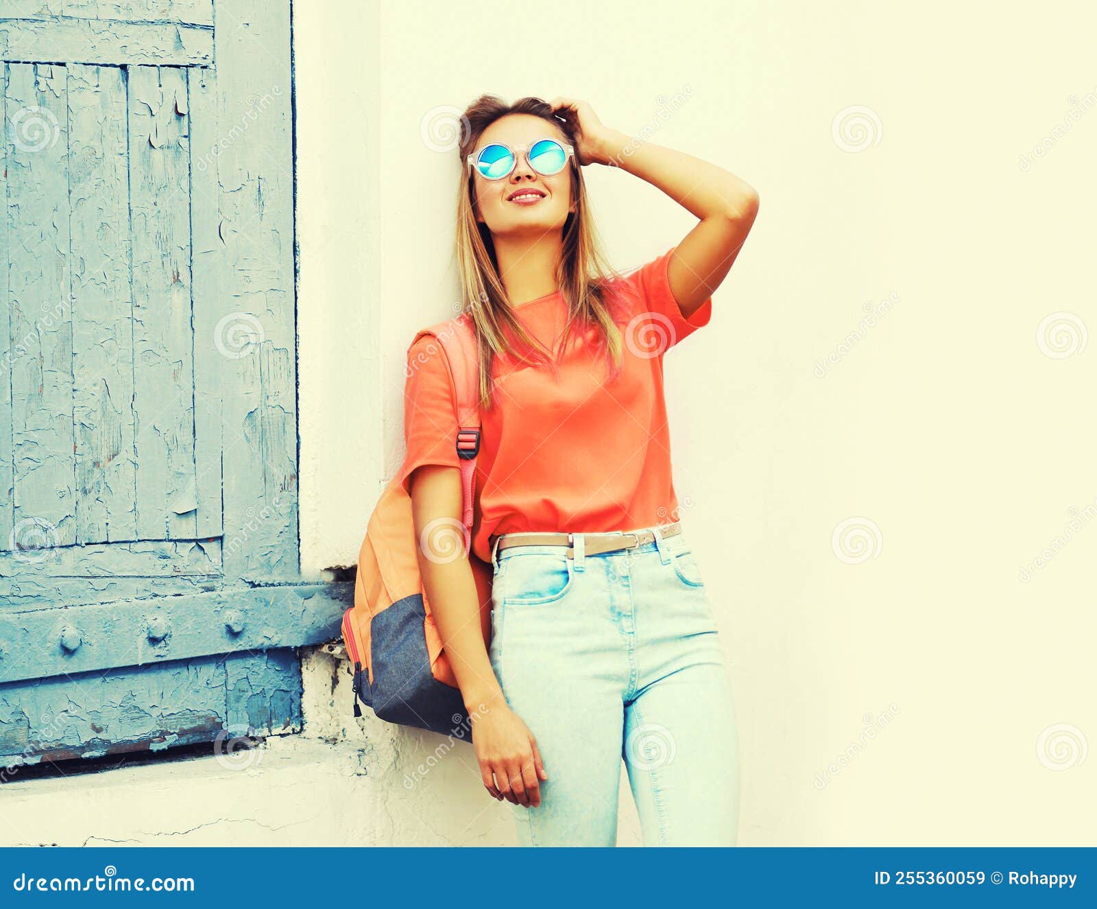 Summer Portrait Of Stylish Blonde Young Woman Wearing Backpack