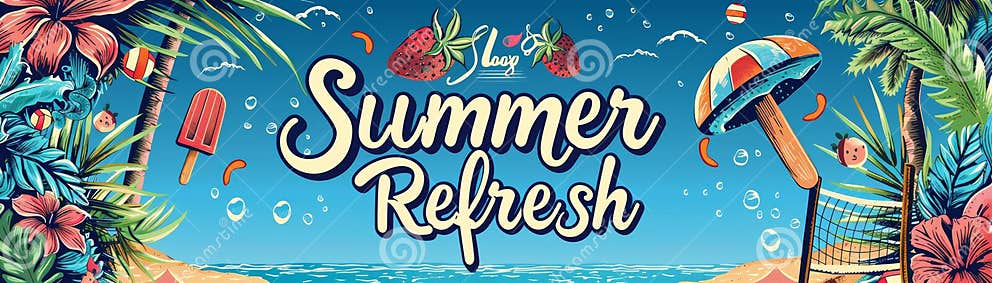 Summer Refresh Design with Beach, Palm Trees, and Ice Cream Stock ...