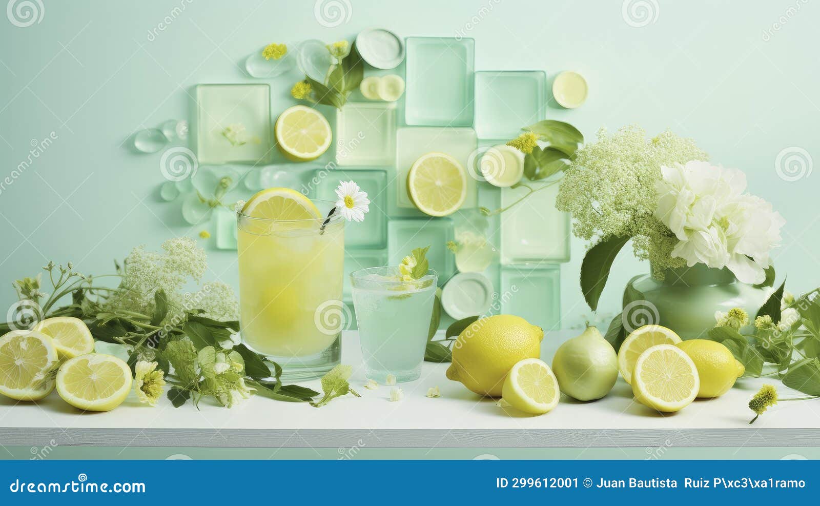 Summer Refreshment: Ice Cold Lemonade with Fresh Lemons and Daisies on ...