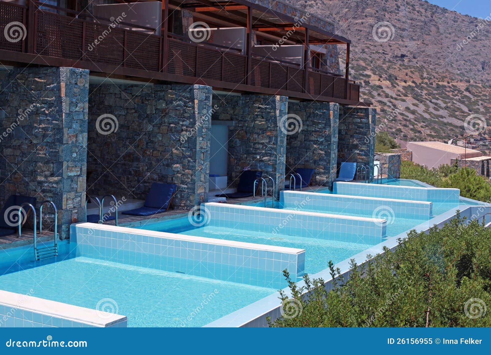 Summer Resort with Row of Private Swimming Pools Stock Image - Image of ...