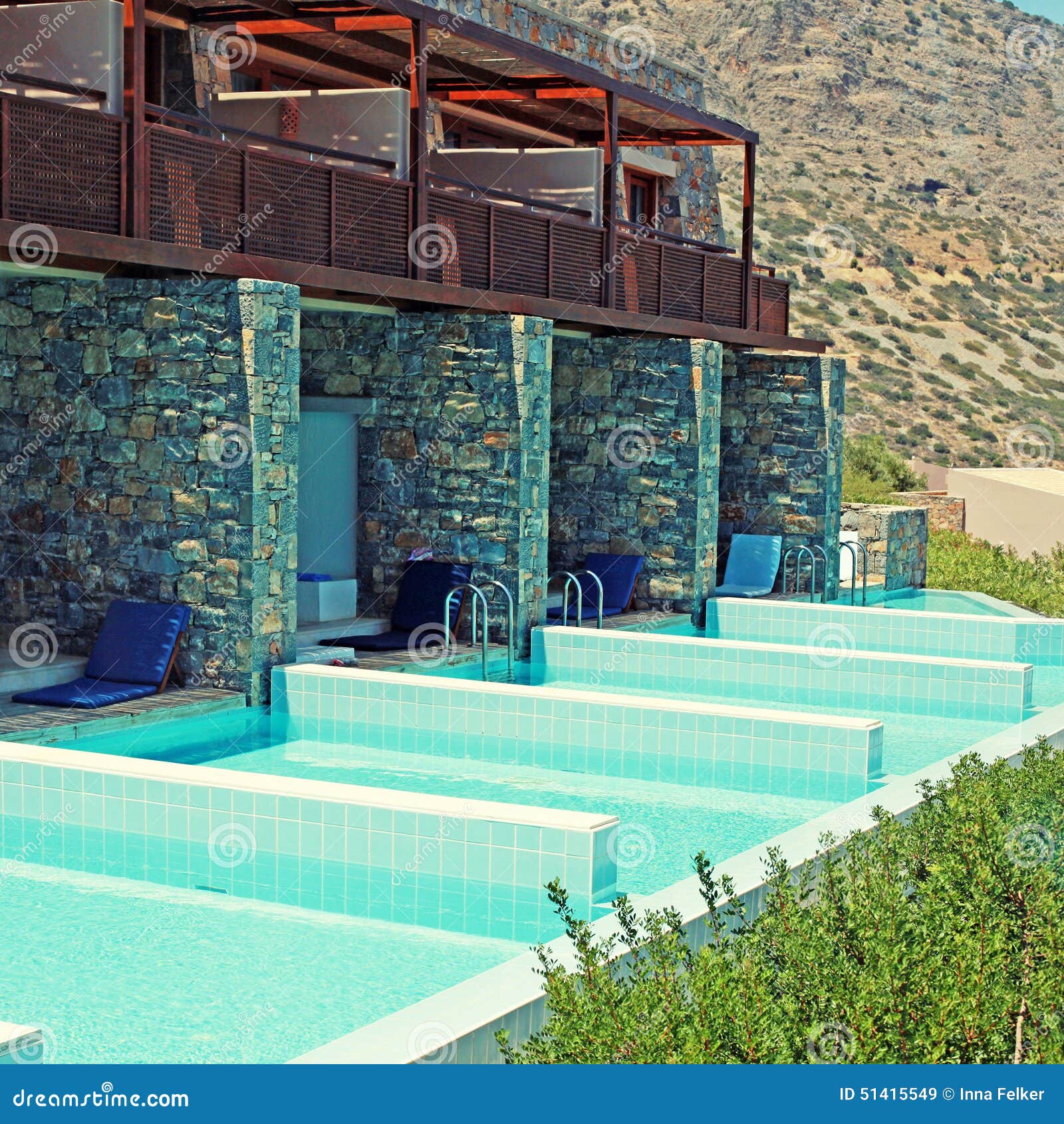 Summer Resort with Row of Private Swimming Pools Stock Image - Image of ...